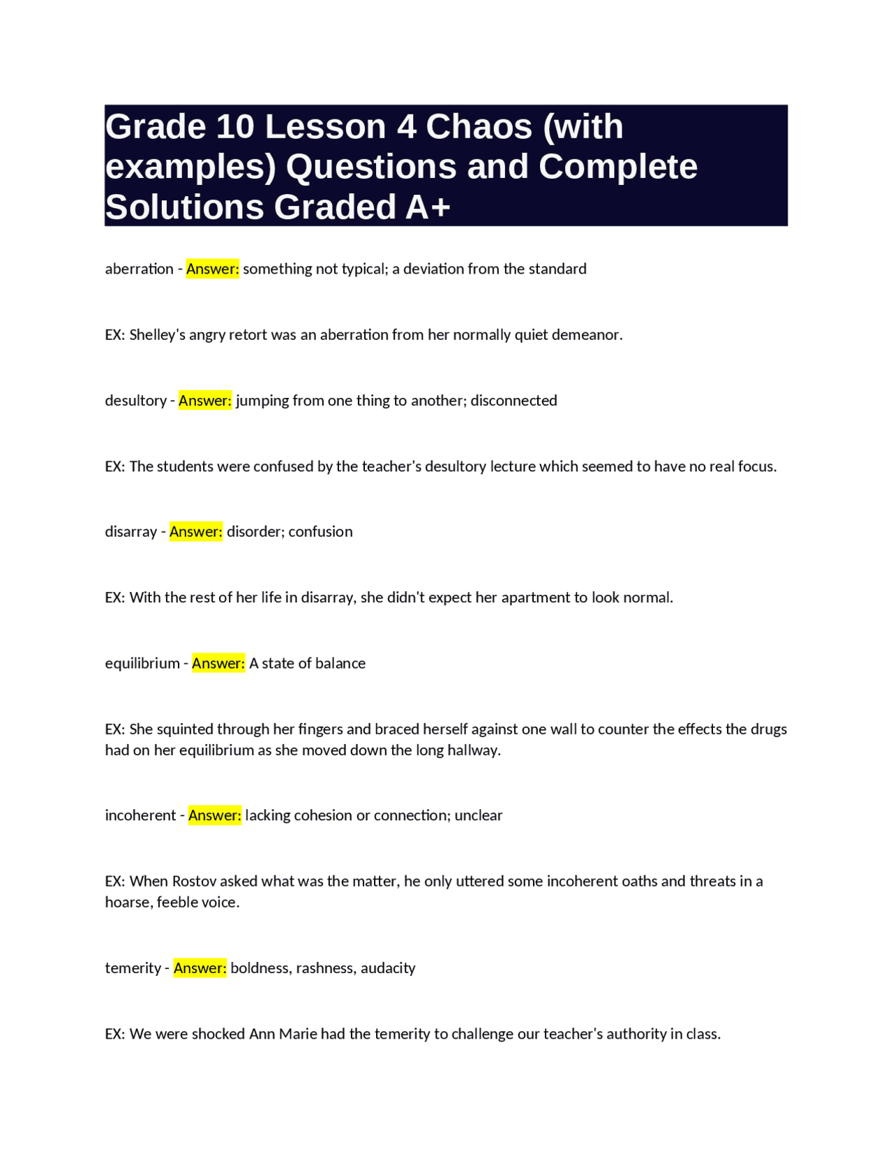 Grade 10 Lesson 4 Chaos (with examples) Questions and Complete ...