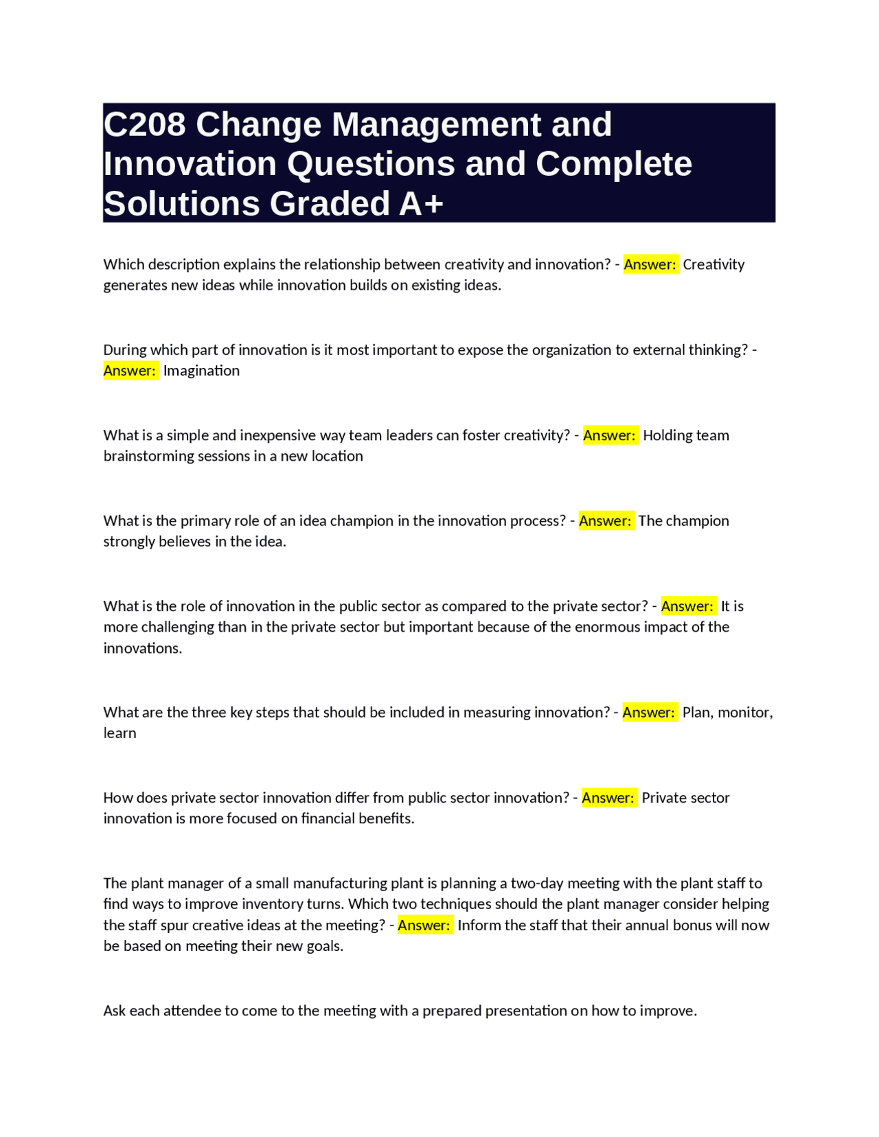 C208 Change Management and Innovation Questions with Complete Solutions Graded A+ | Exams ...