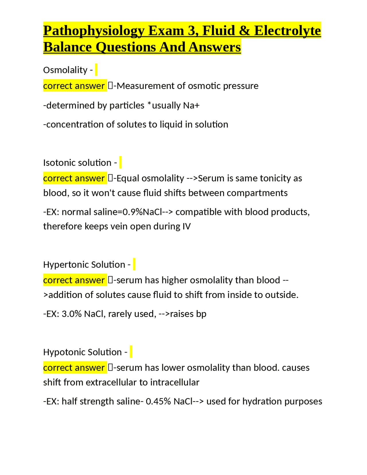 Pathophysiology Exam 3, Fluid & Electrolyte Balance Questions And ...