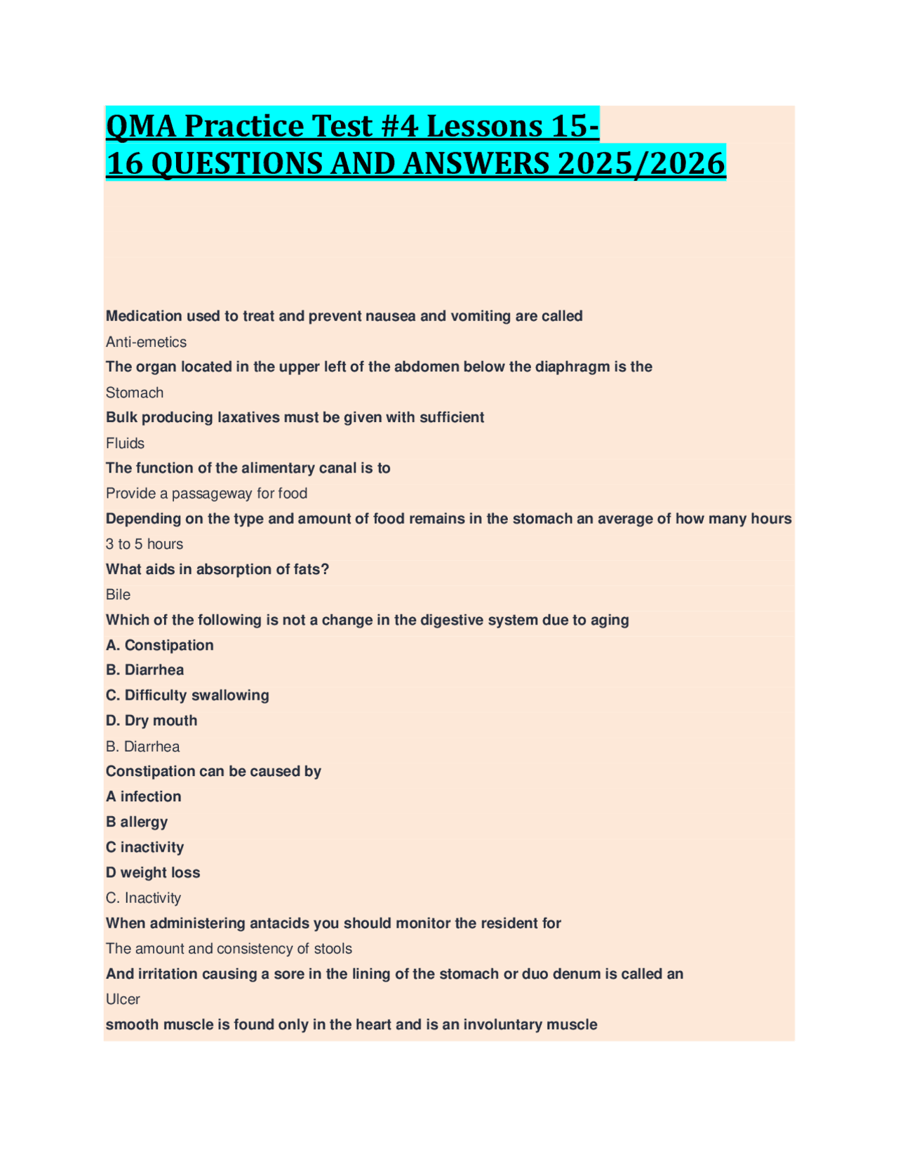 QMA Practice Test #4 Lessons 15-16 QUESTIONS AND ANSWERS 2025/2026 ...