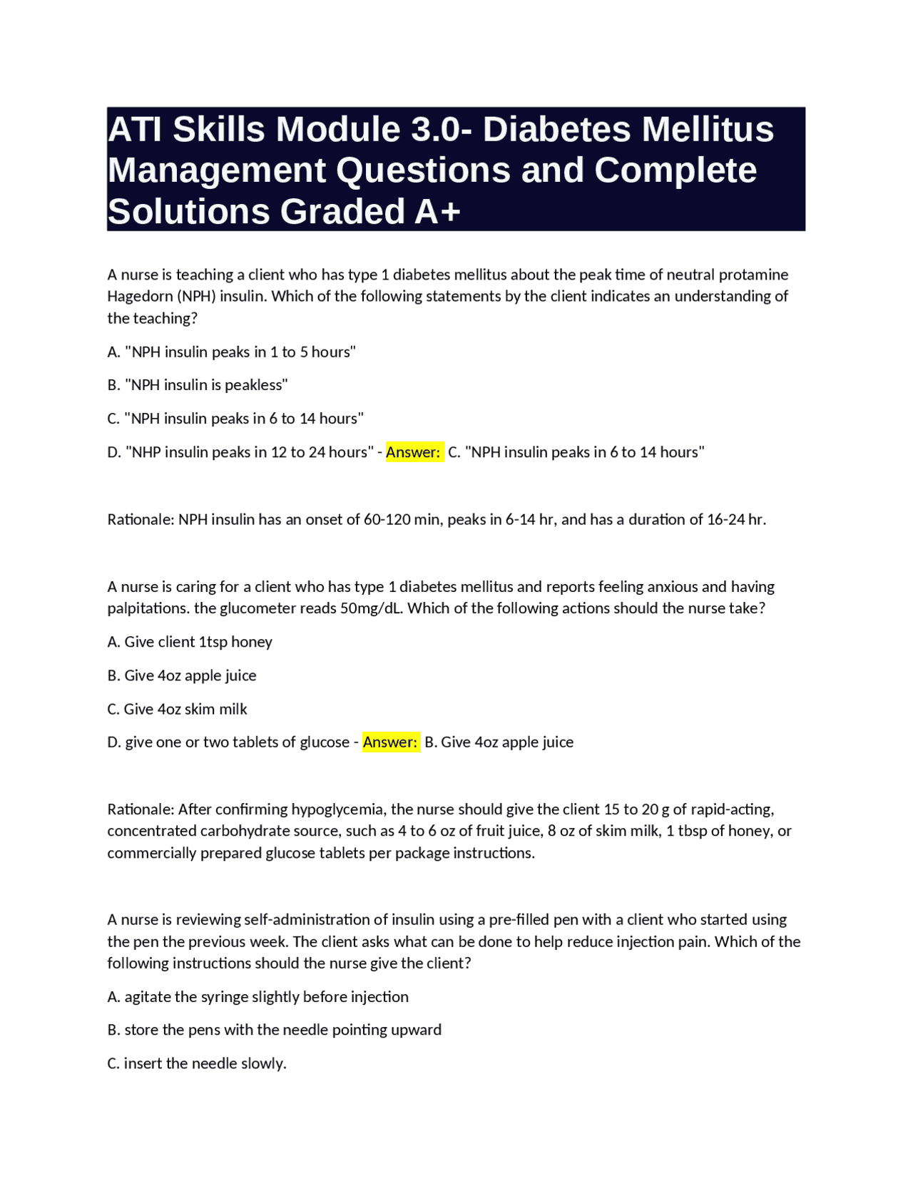 ATI Skills Module 3.0- Diabetes Mellitus Management Questions and ...