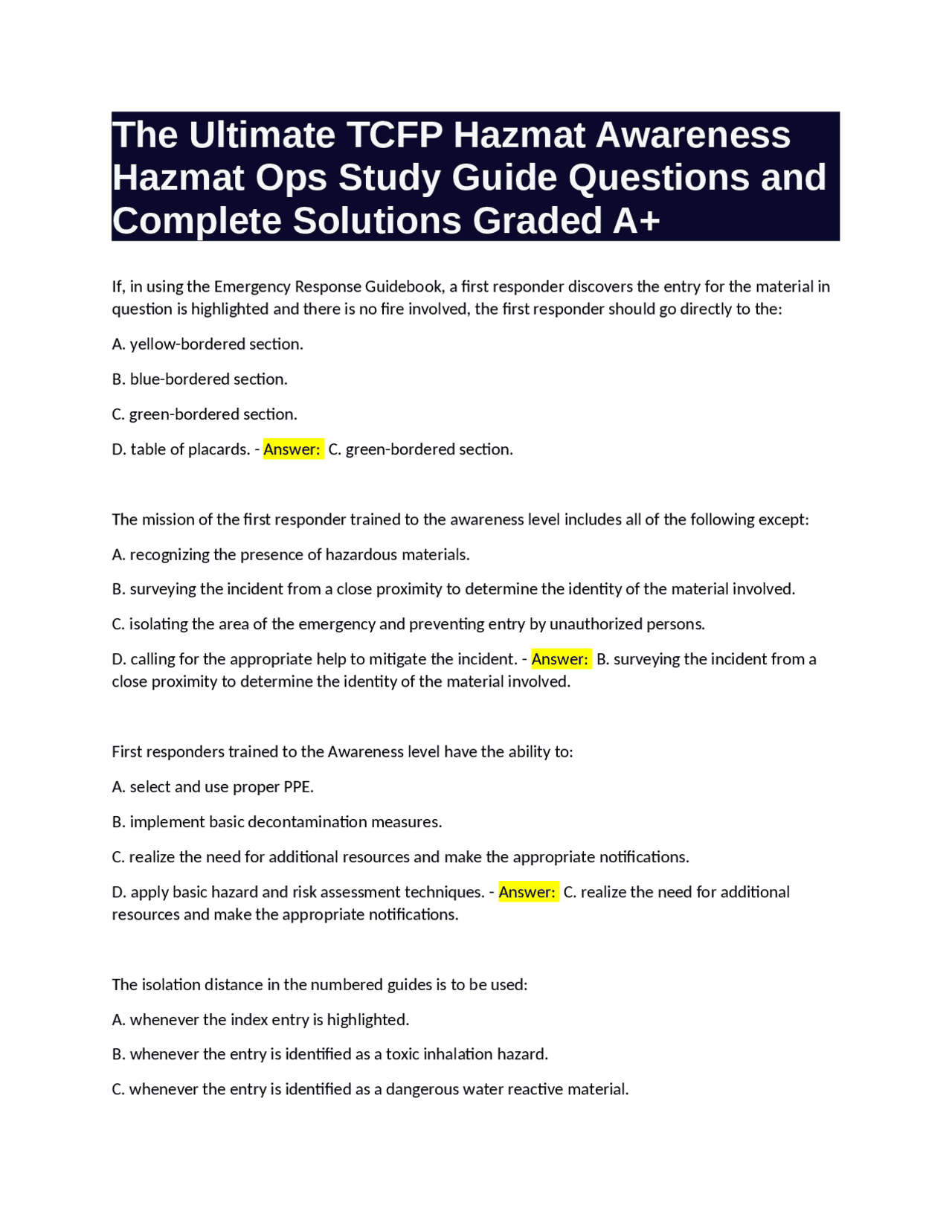 The Ultimate TCFP Hazmat Awareness Hazmat Ops Study Guide Questions and Complete Solutions ...