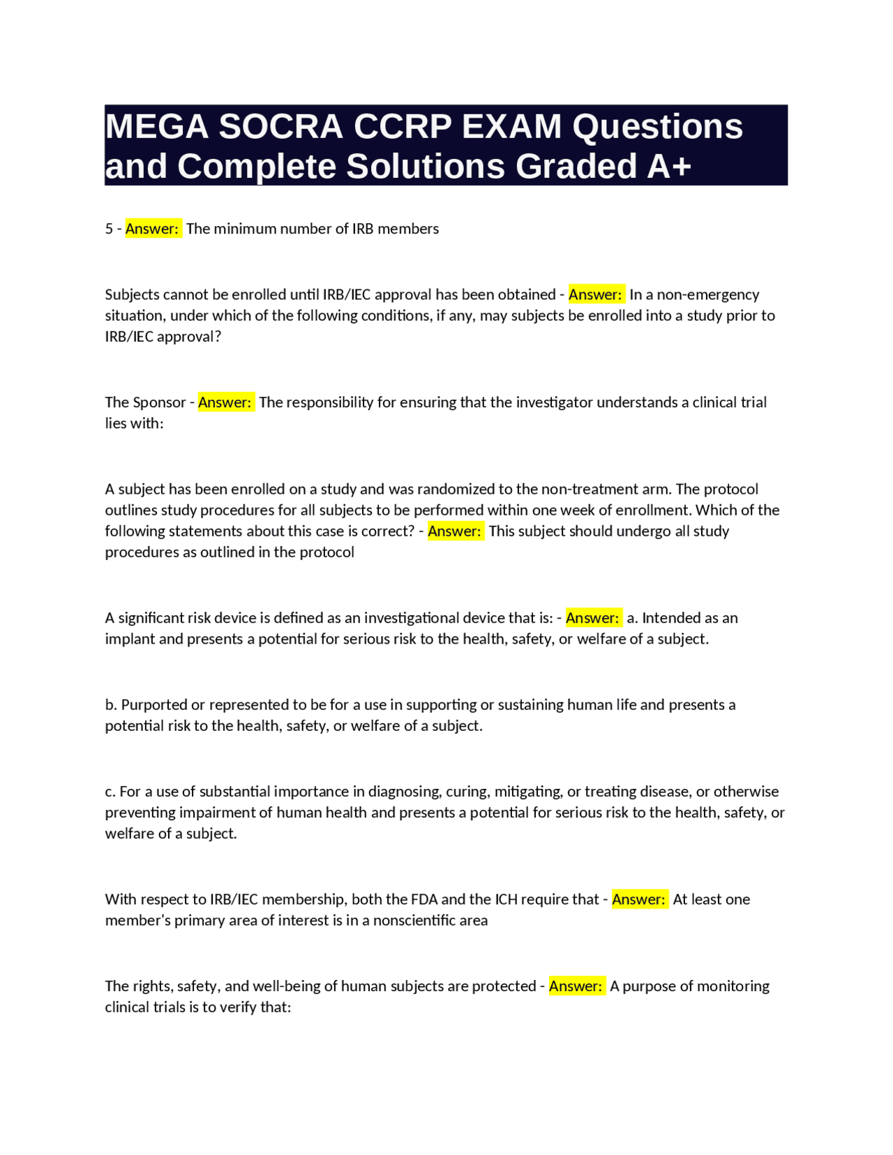 MEGA SOCRA CCRP EXAM Questions and Complete Solutions Graded A+ | Exams ...
