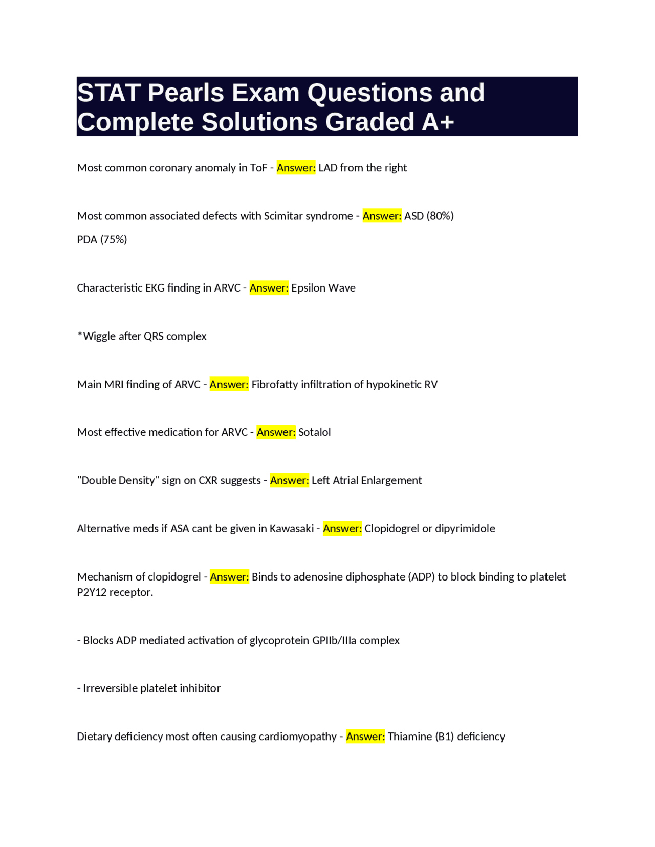 STAT Pearls Exam Questions and Complete Solutions Graded A+ | Exams Advanced Education | Docsity