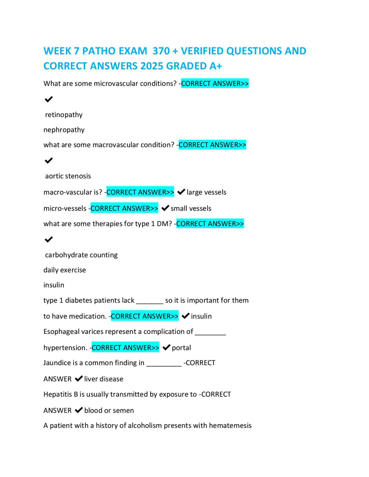 WEEK 7 PATHO EXAM 370 + VERIFIED QUESTIONS AND CORRECT ANSWERS 2025 GRADED A+ | Exams Pathology ...