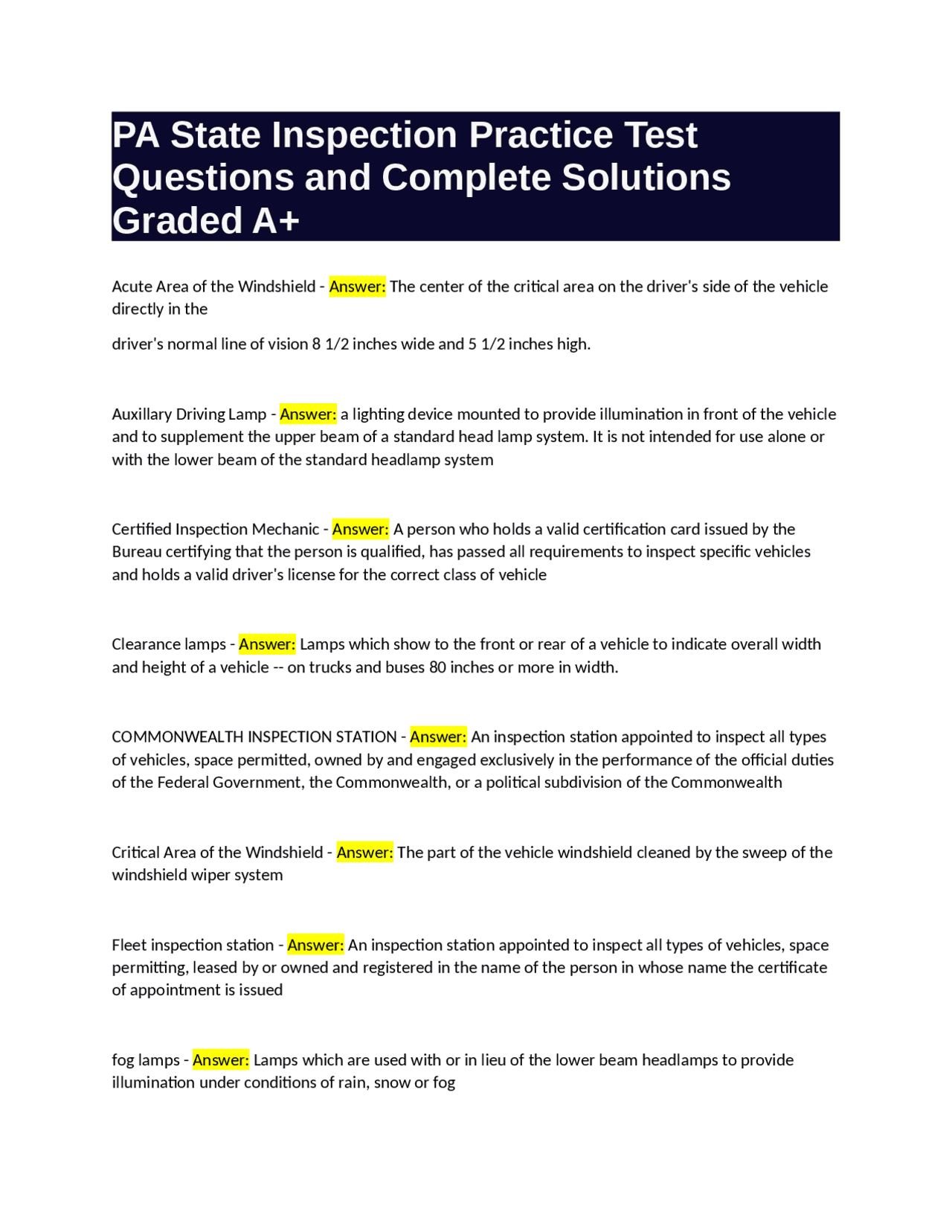 PA State Inspection Practice Test Questions and Complete Solutions ...