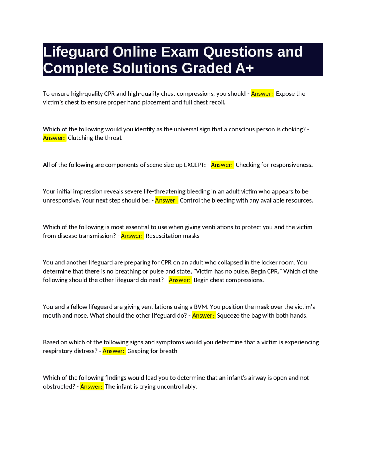 Lifeguard Online Exam Questions and Complete Solutions Graded A+ ...