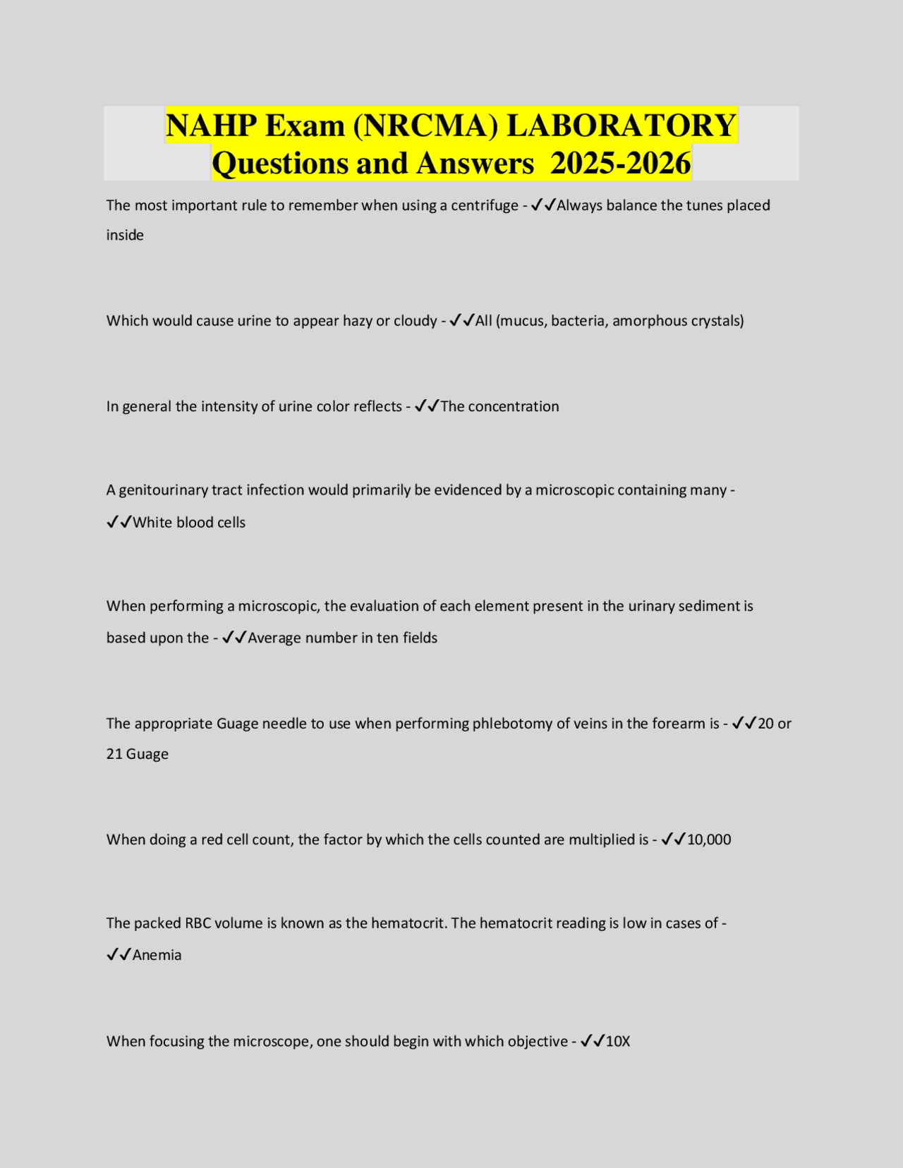 NAHP Exam (NRCMA) LABORATORY Questions and Answers 2025-2026 | Exams ...