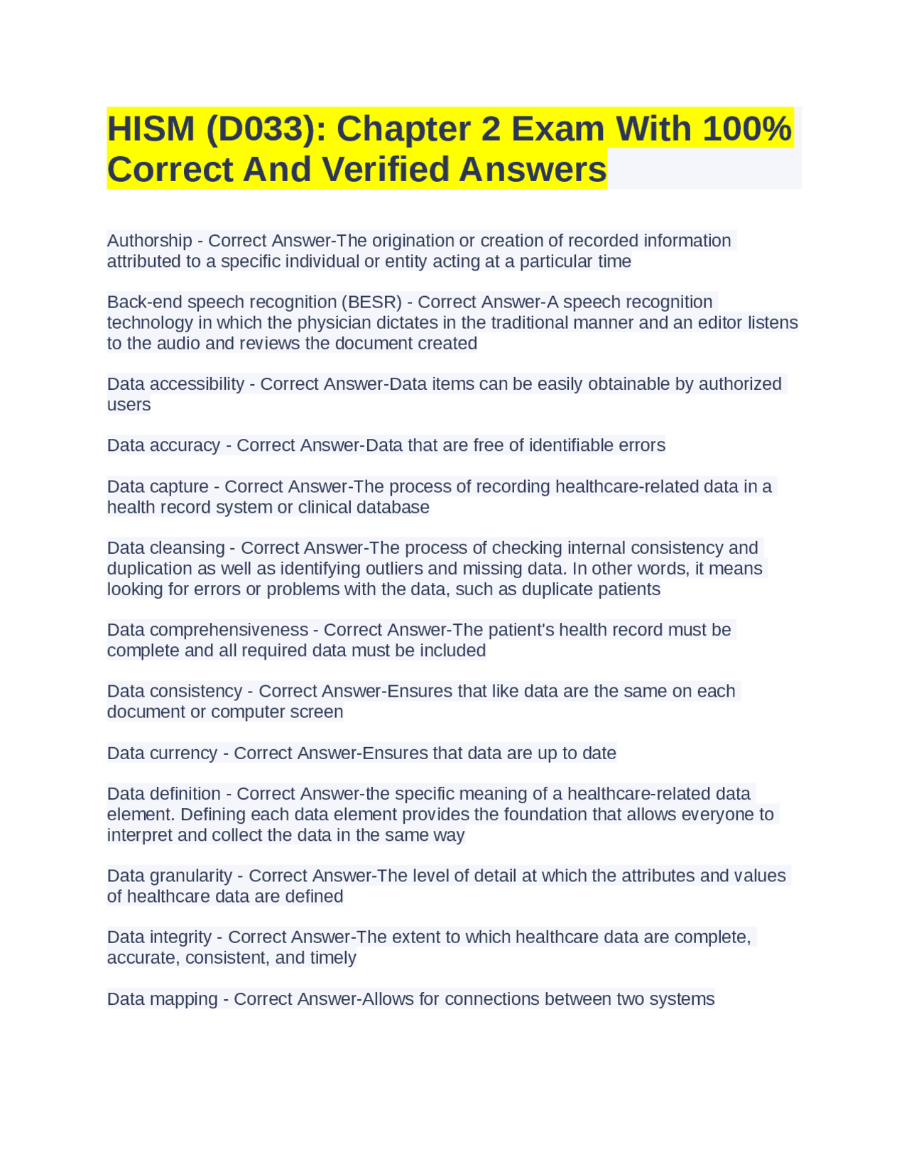 HISM (D033): Chapter 2 Exam With 100% Correct And Verified Answers ...