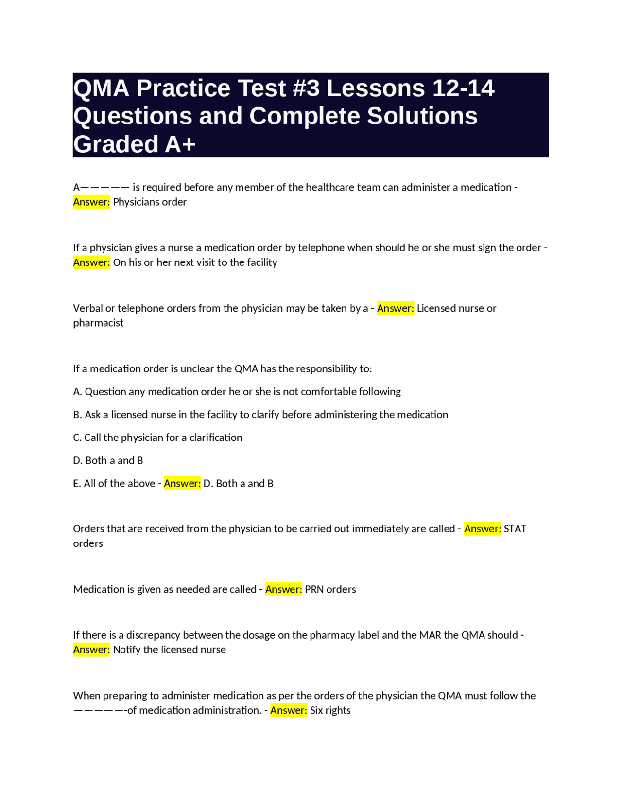 QMA Practice Test #3 Lessons 12-14 Questions and Complete Solutions ...