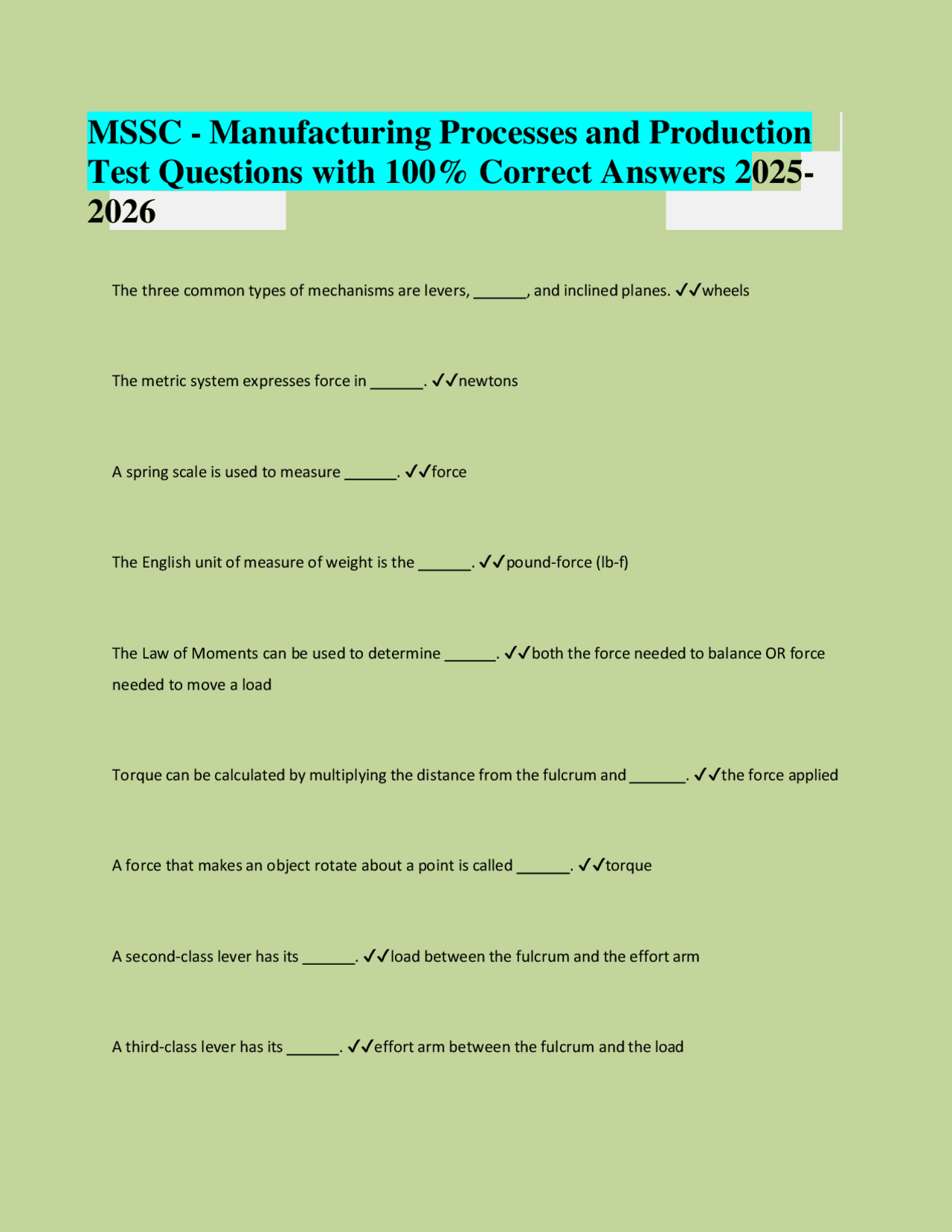 MSSC - Manufacturing Processes and Production Test Questions And ...