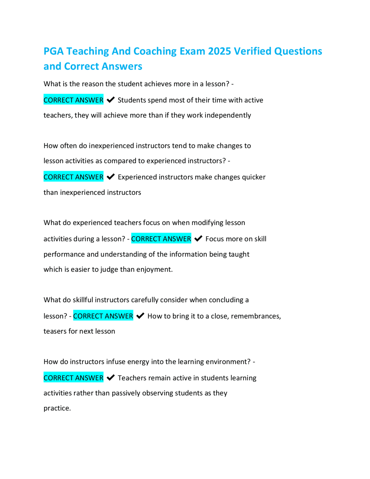 PGA Teaching And Coaching Exam 2025 Verified Questions and Correct Answers | Exams Teaching ...