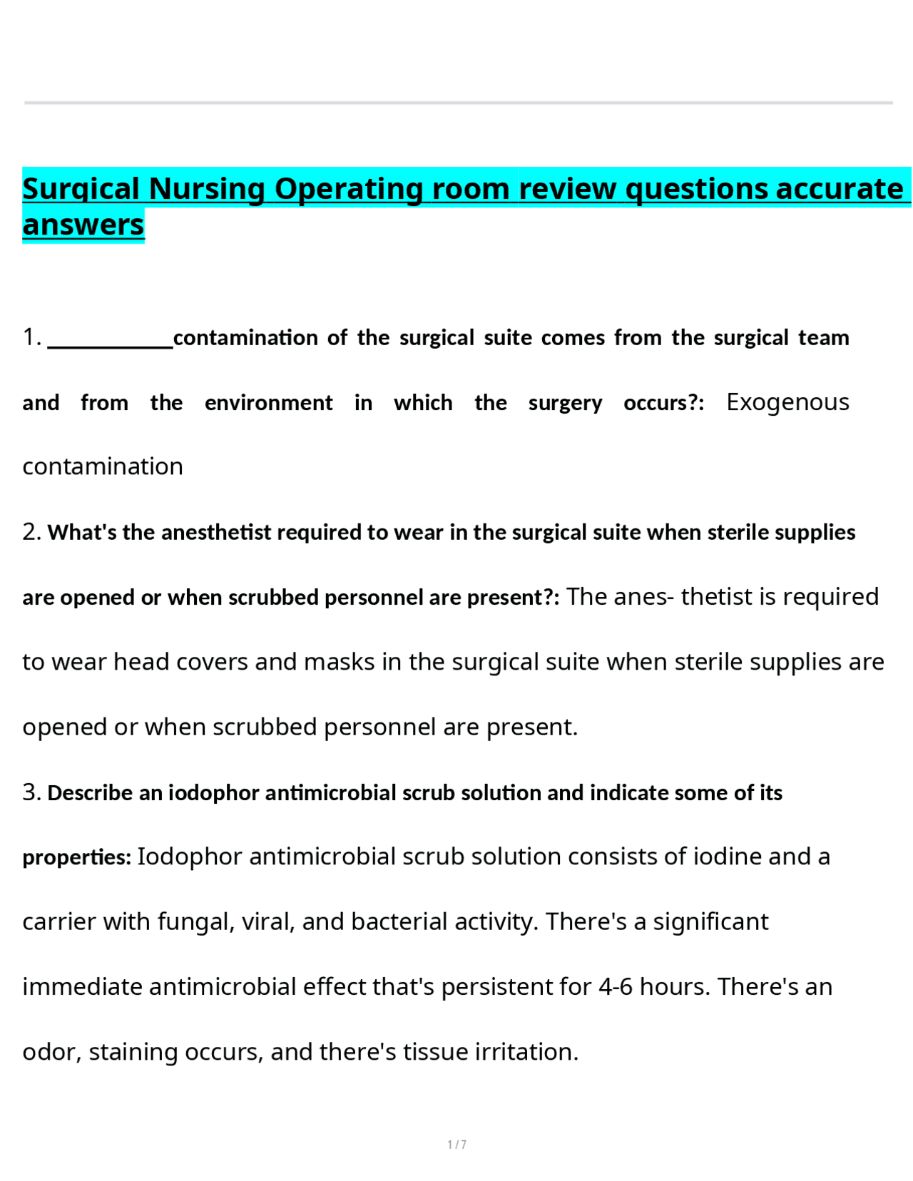 Surgical Nursing Operating room review questions accurate answers ...