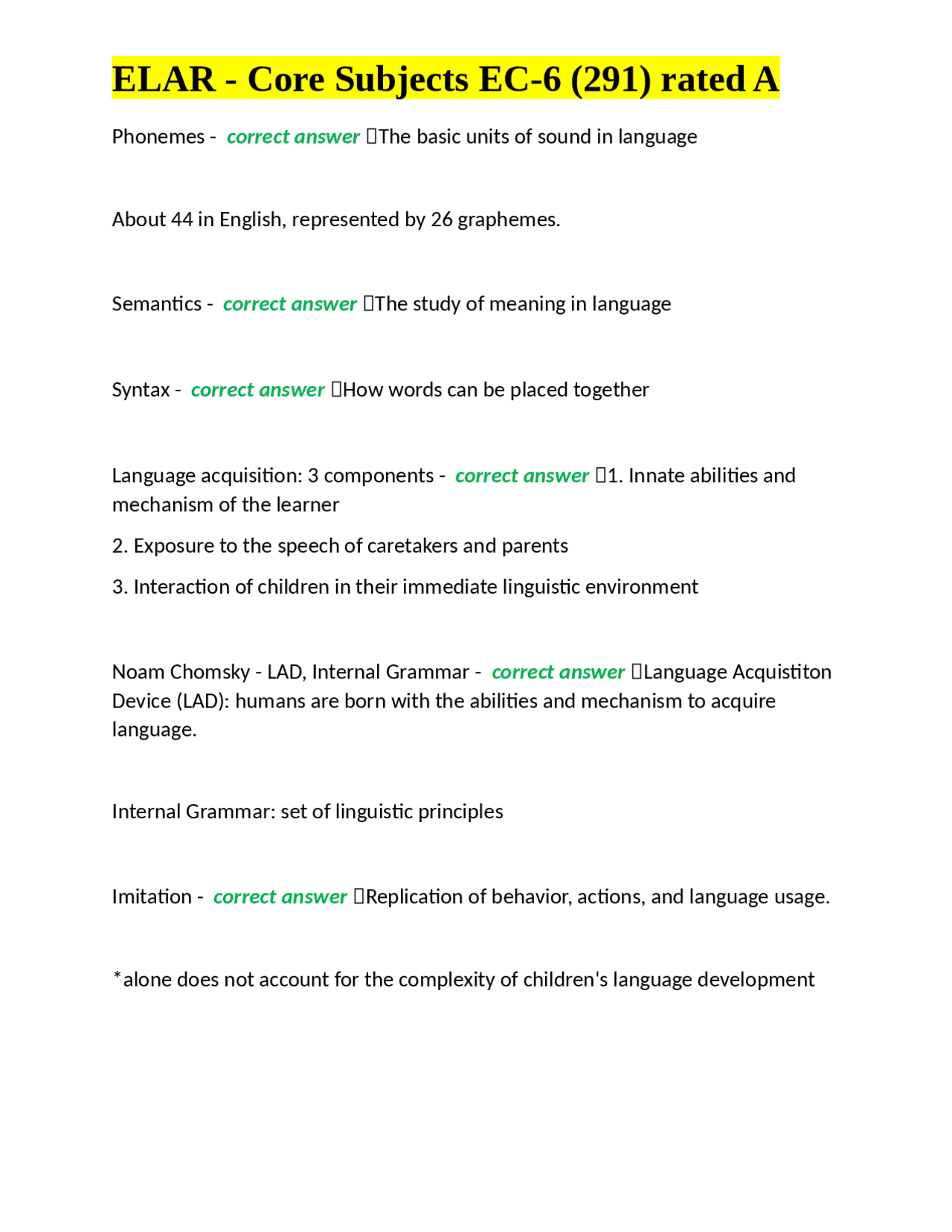 ELAR - Core Subjects EC-6 (291) rated A | Exams Nursing | Docsity