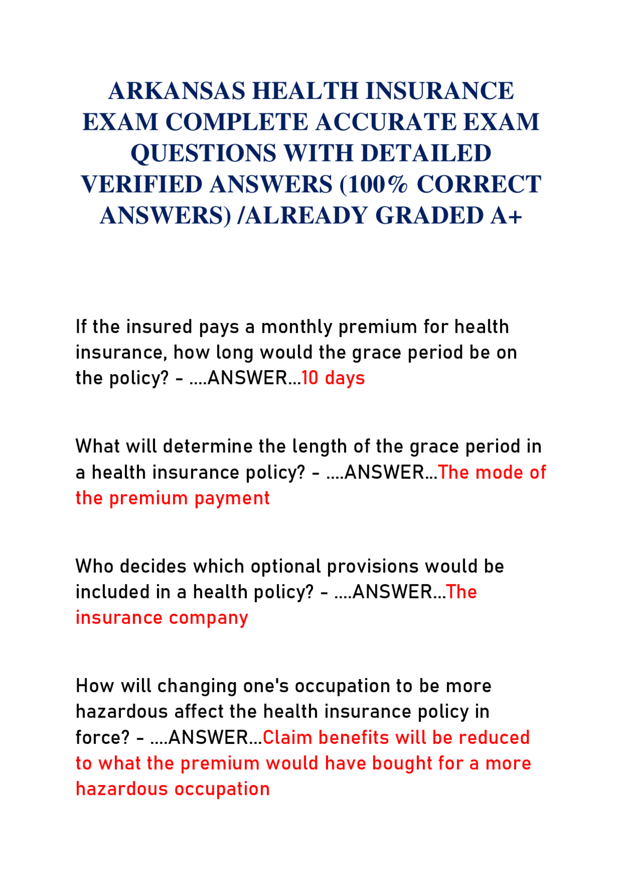 ARKANSAS HEALTH INSURANCE EXAM COMPLETE ACCURATE EXAM QUESTIONS WITH ...