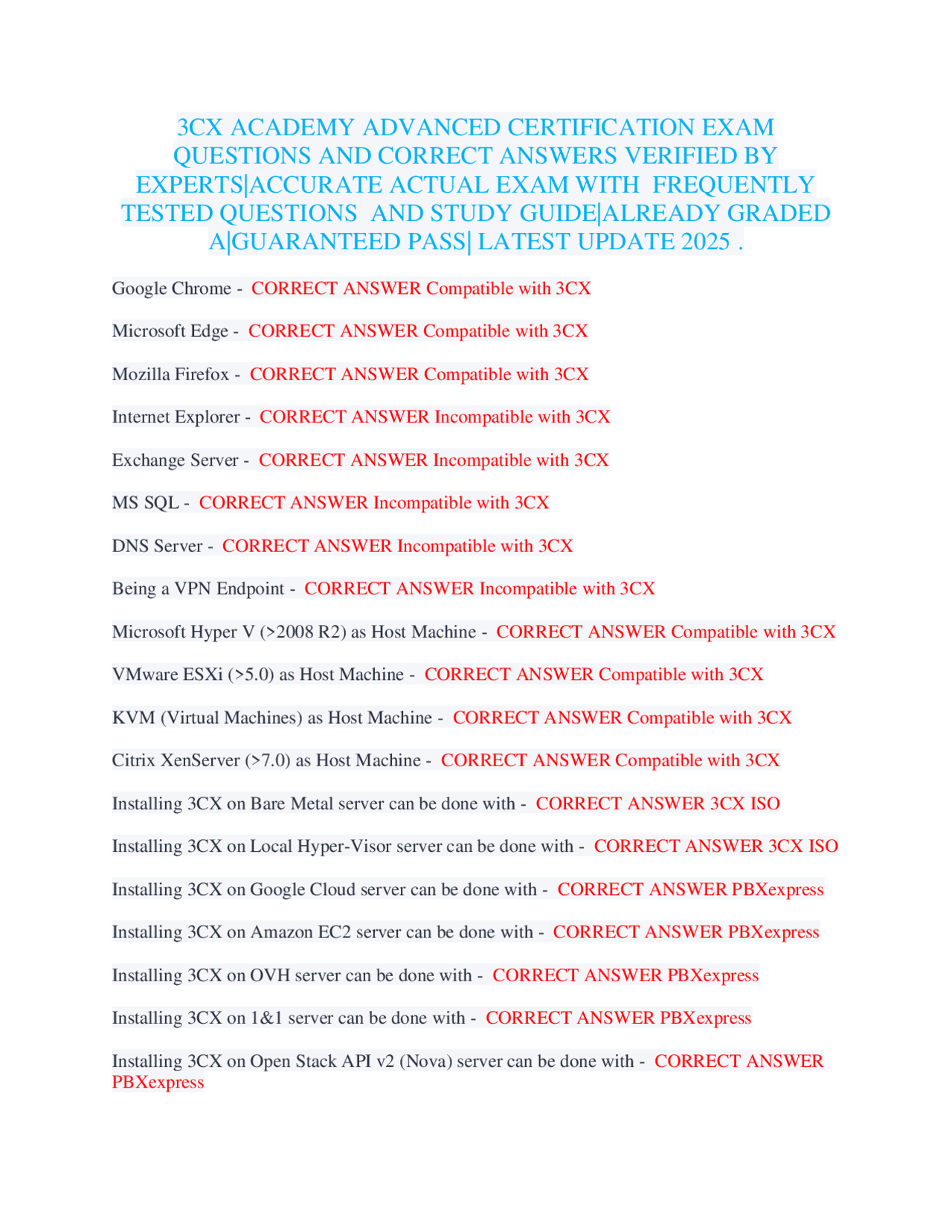 3CX ACADEMY ADVANCED CERTIFICATION EXAM QUESTIONS AND CORRECT ANSWERS ...