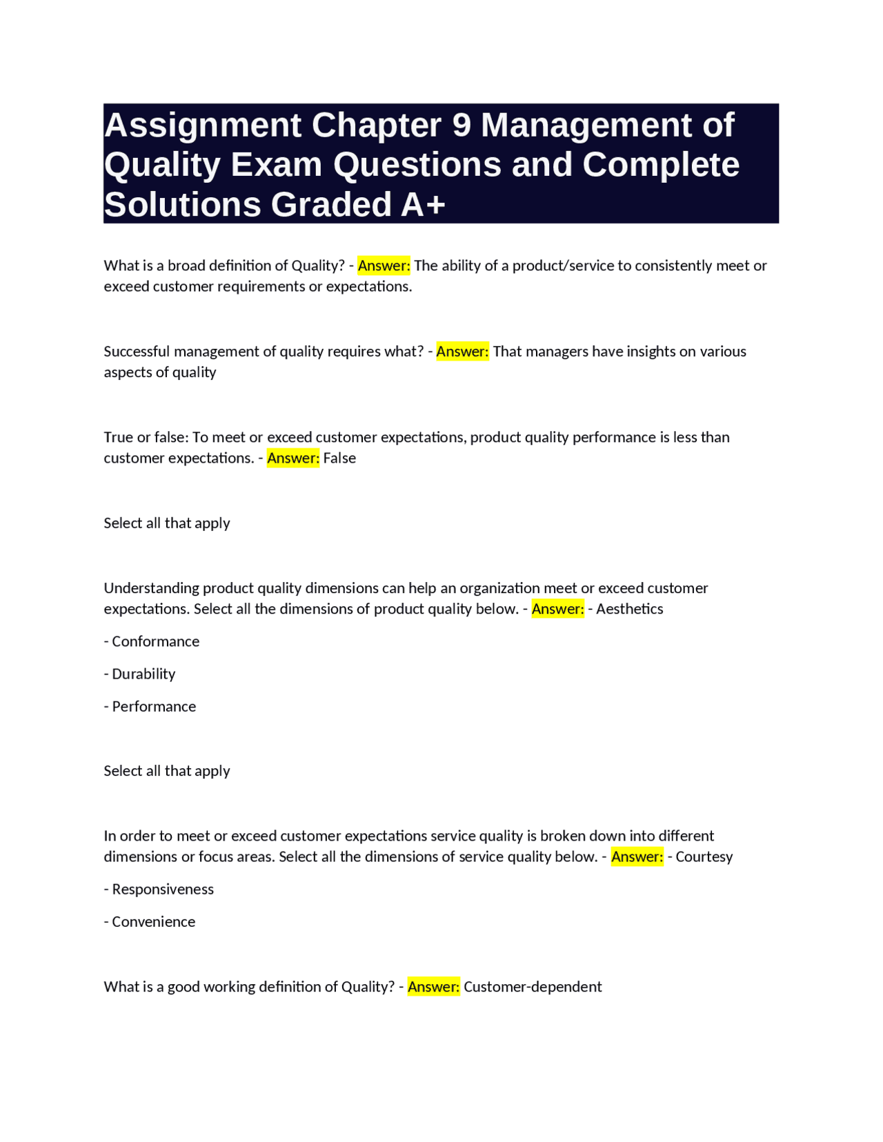 Assignment Chapter 9 Management of Quality Exam Questions and Complete ...