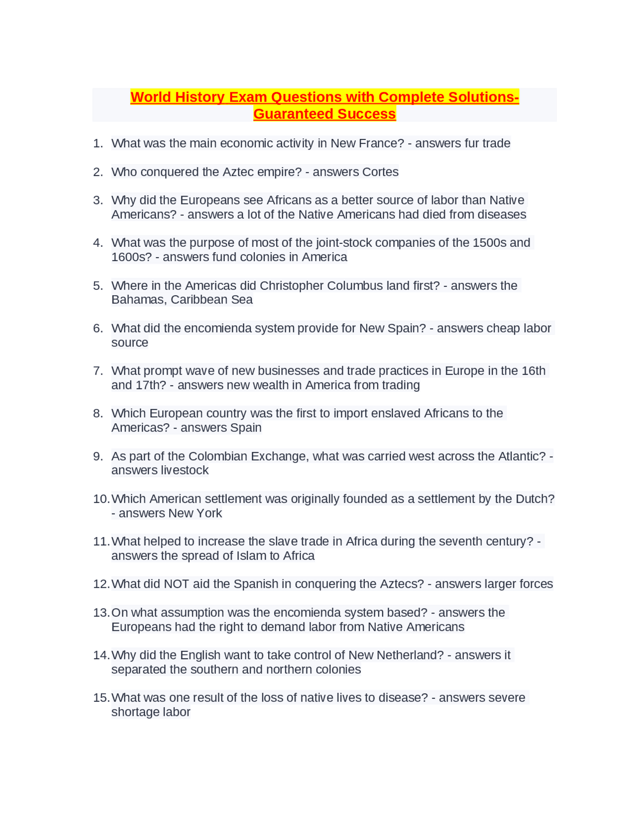 World History Exam Questions with Complete Solutions-Guaranteed Success ...