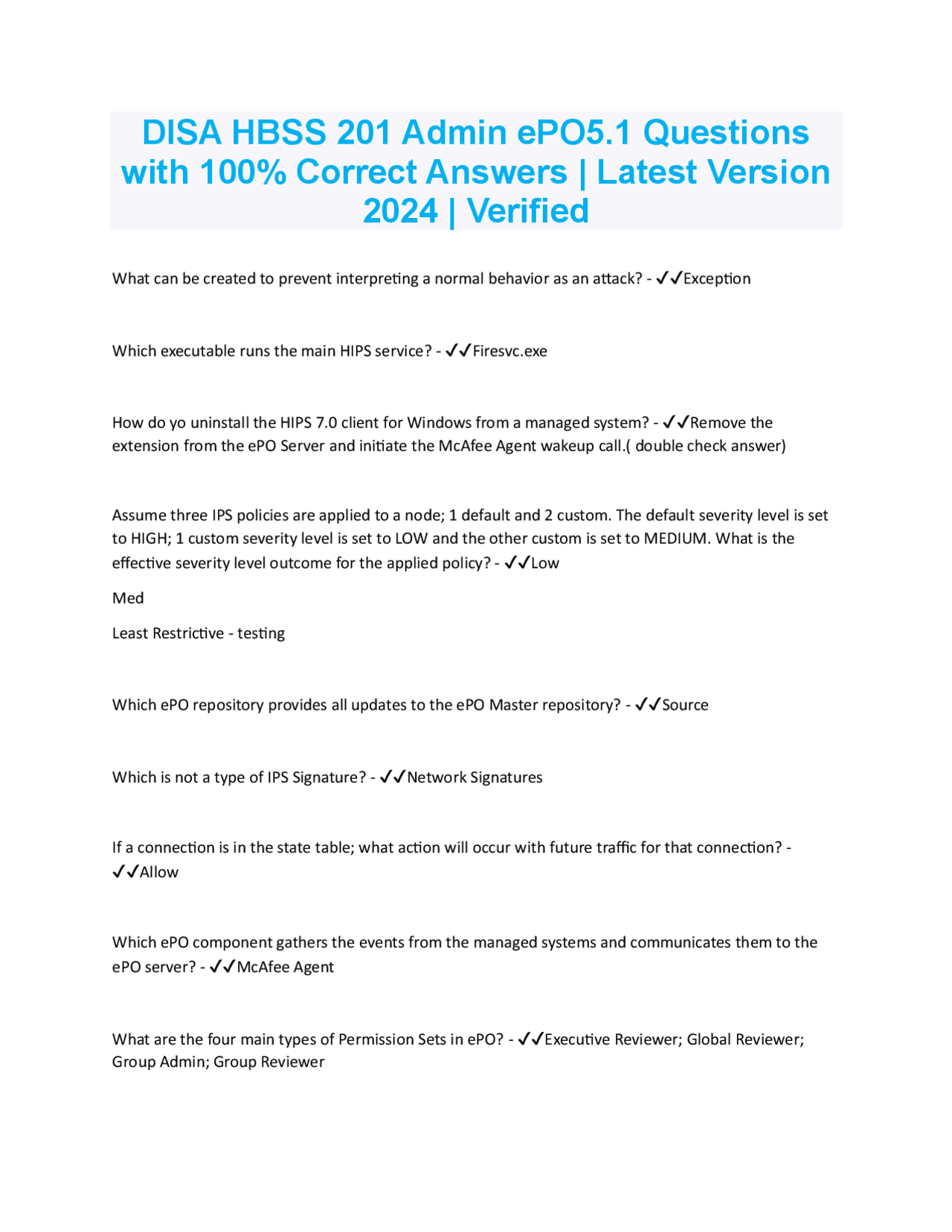 DISA HBSS 201 Admin ePO5.1 Questions with 100% Correct Answers | Latest ...