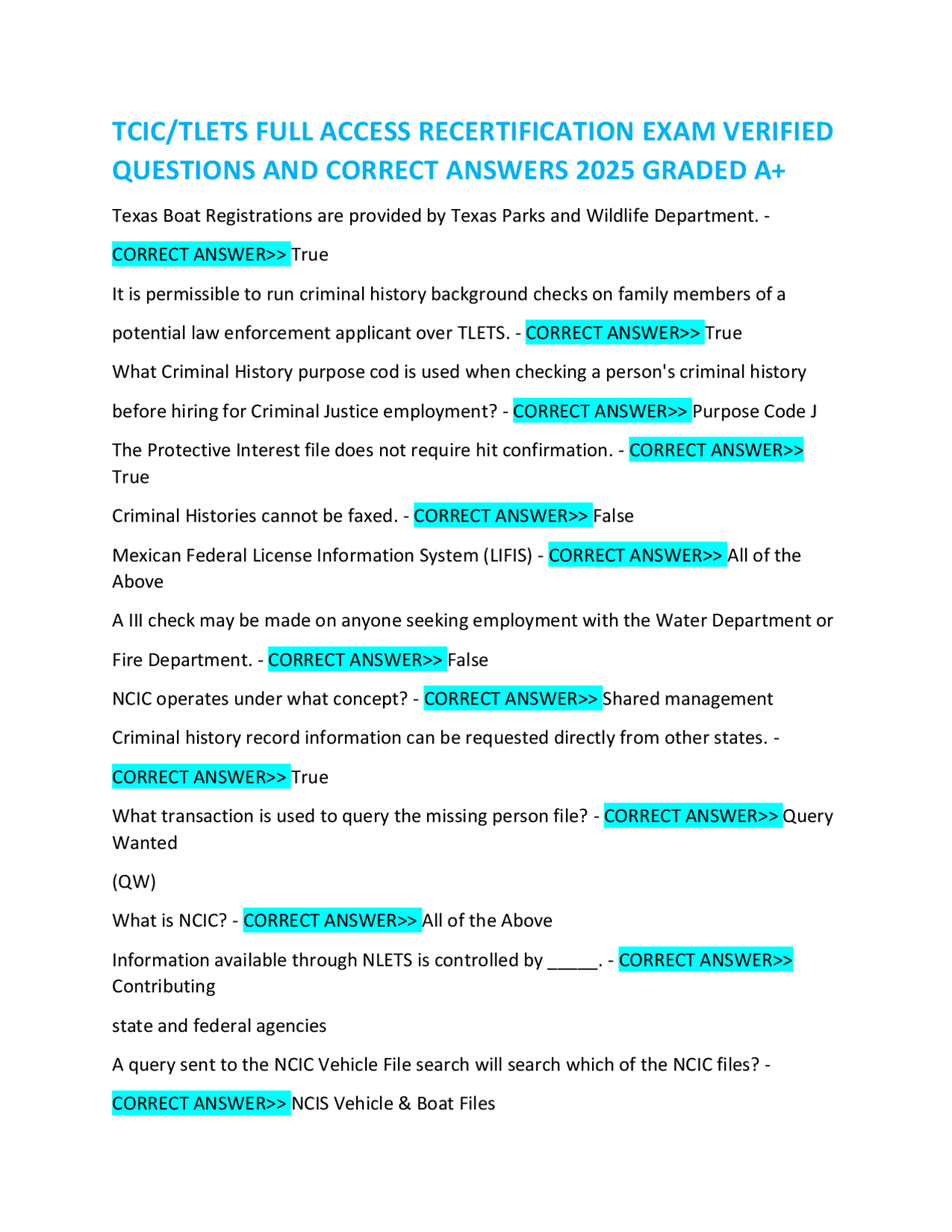 TCIC/TLETS FULL ACCESS RECERTIFICATION EXAM VERIFIED QUESTIONS AND ...