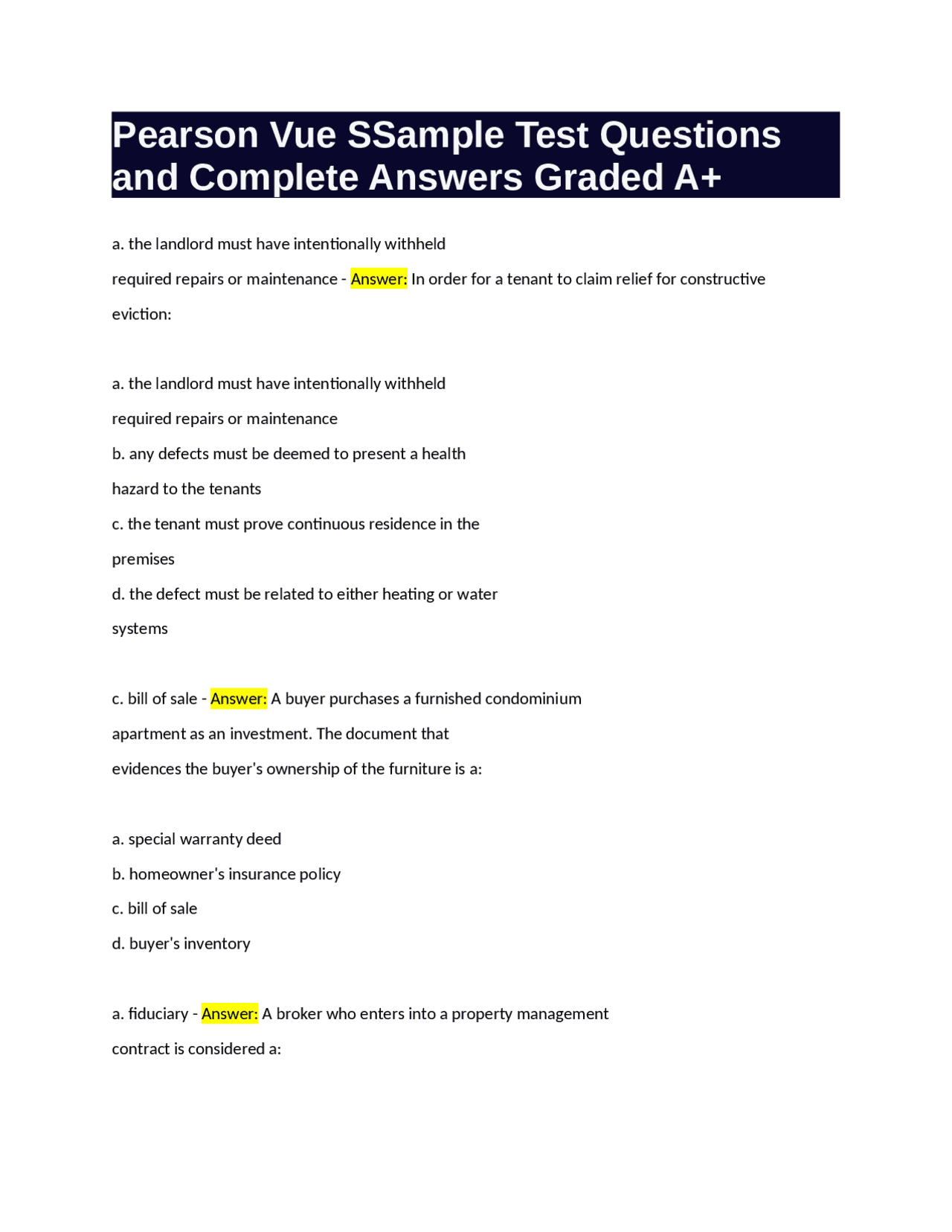 Pearson Vue Sample Test Questions and Complete Answers Graded A+ ...