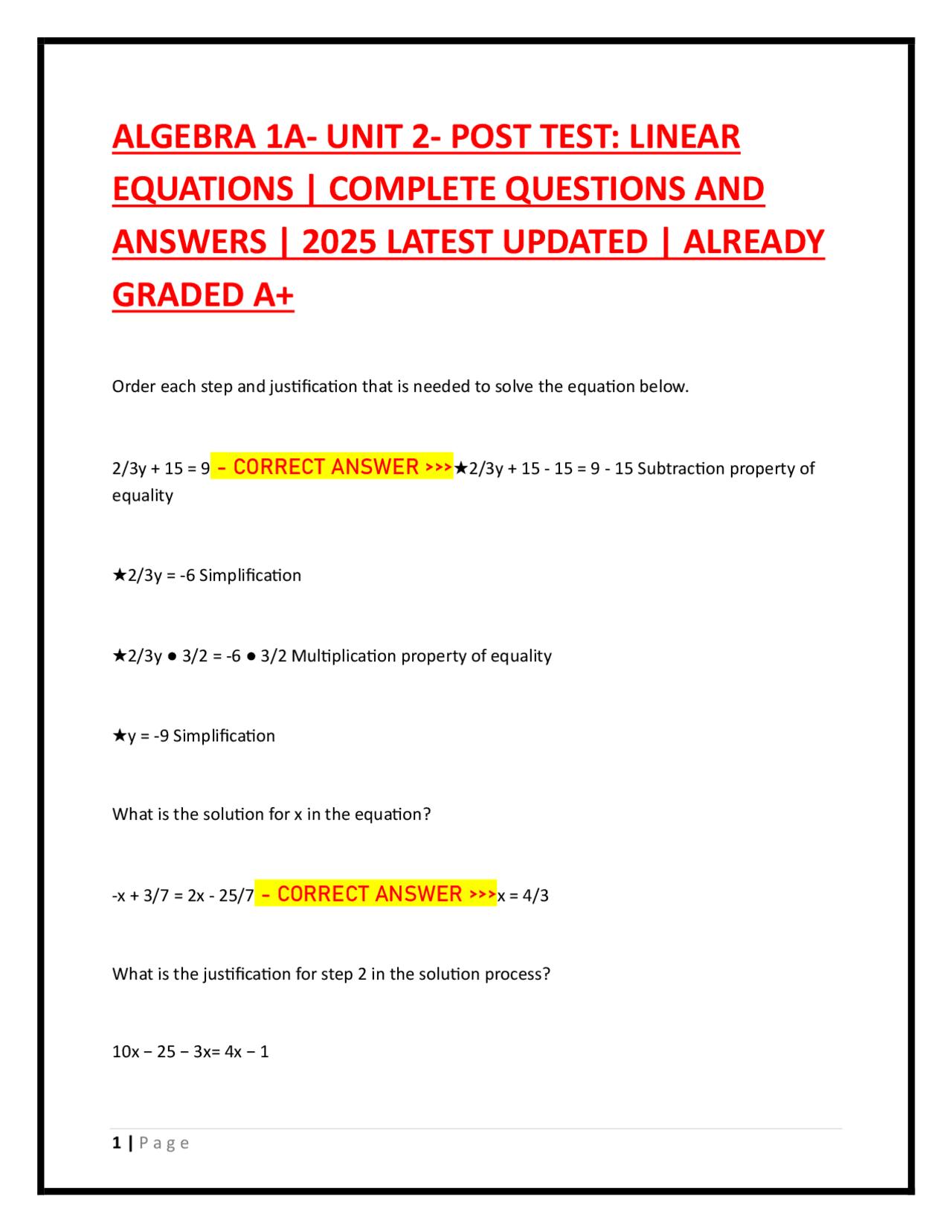 ALGEBRA 1A- UNIT 2- POST TEST: LINEAR EQUATIONS | COMPLETE QUESTIONS ...