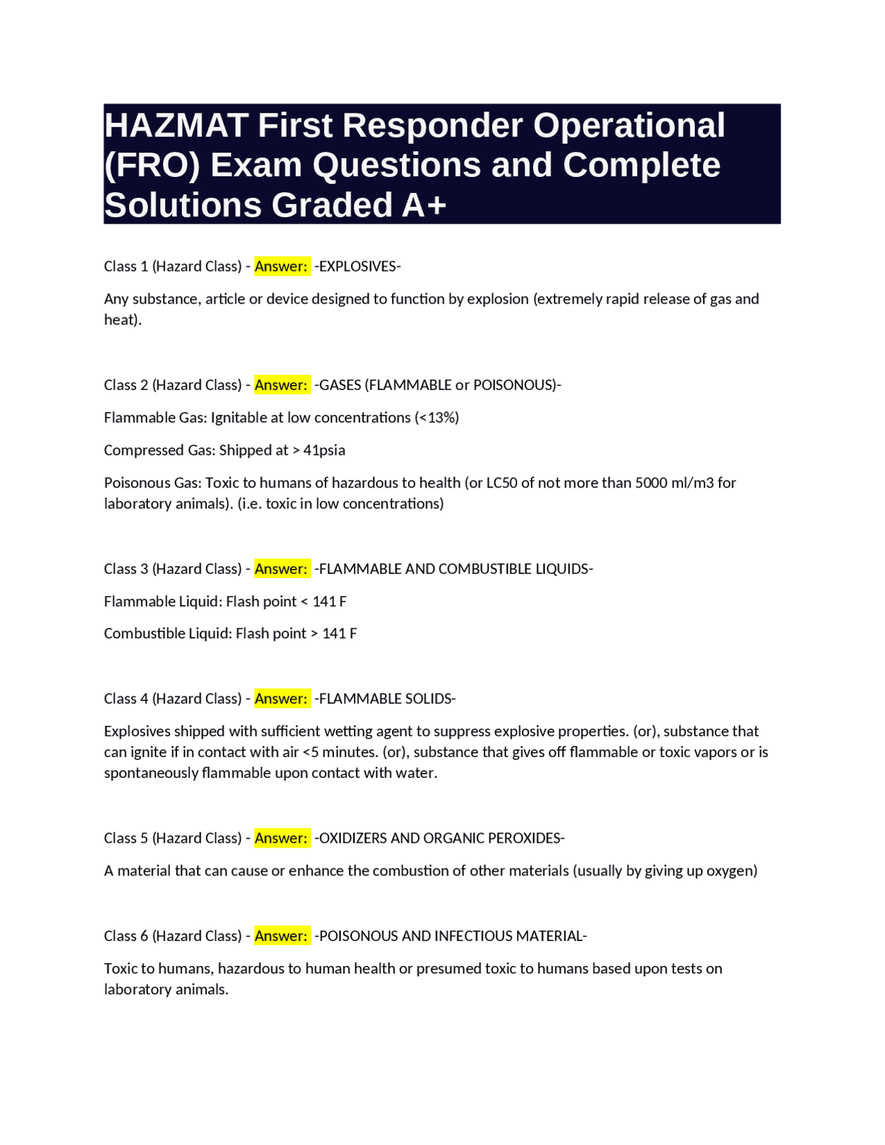 HAZMAT First Responder Operational (FRO) Exam Questions and Complete ...