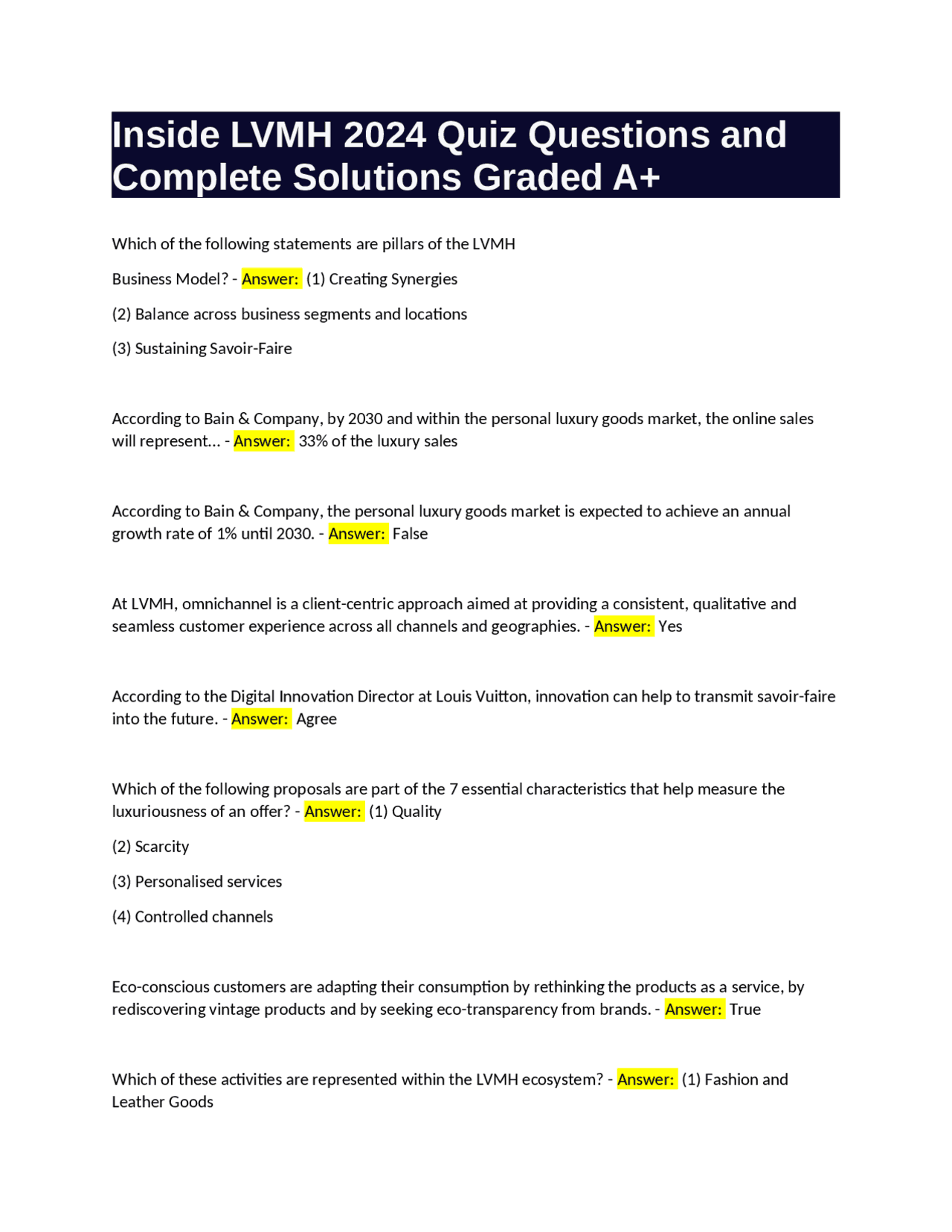 Inside LVMH Quiz Questions with Complete Solutions Graded A+ | Exams Cosmetology | Docsity