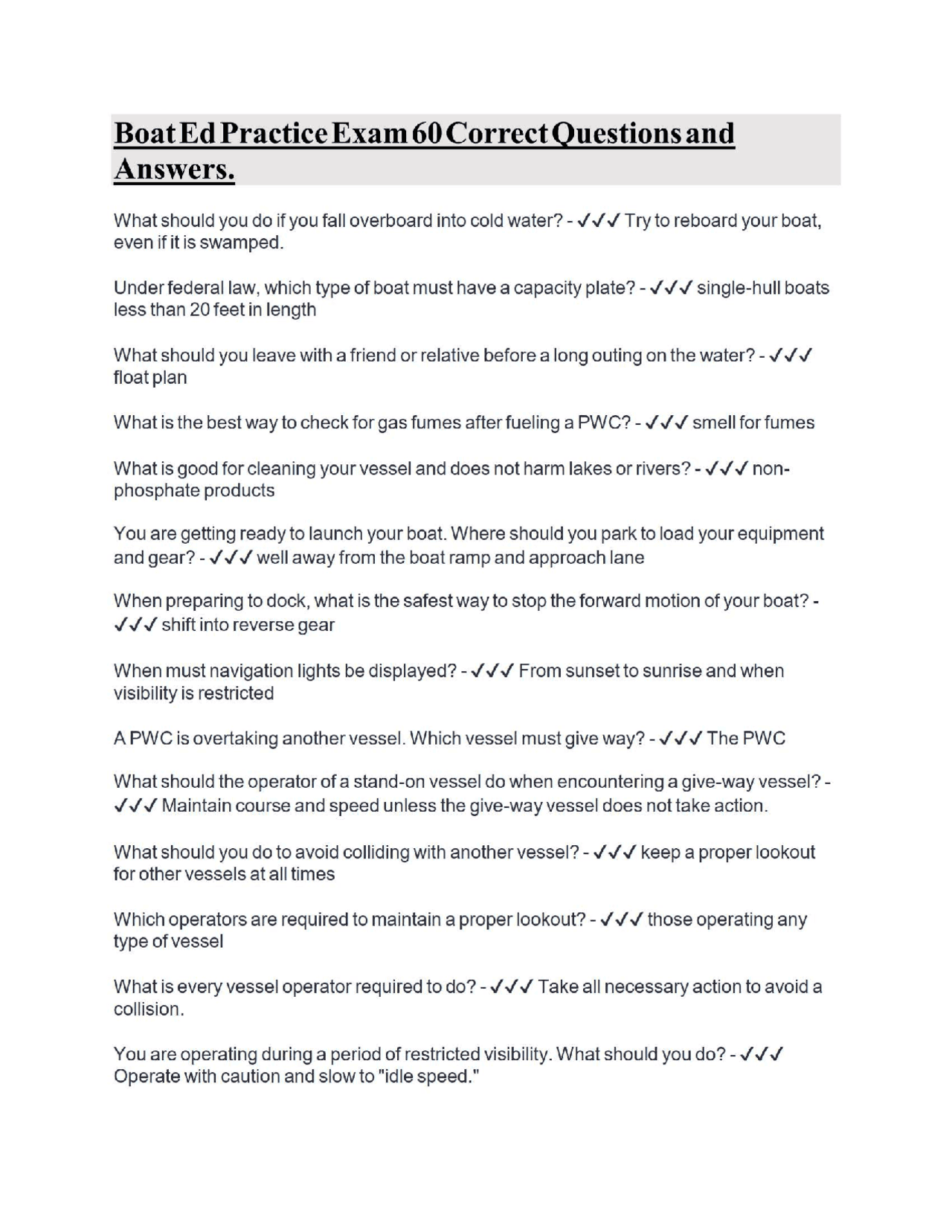 Boat Ed Practice Exam 60 Correct Questions and Answers. | Exams ...