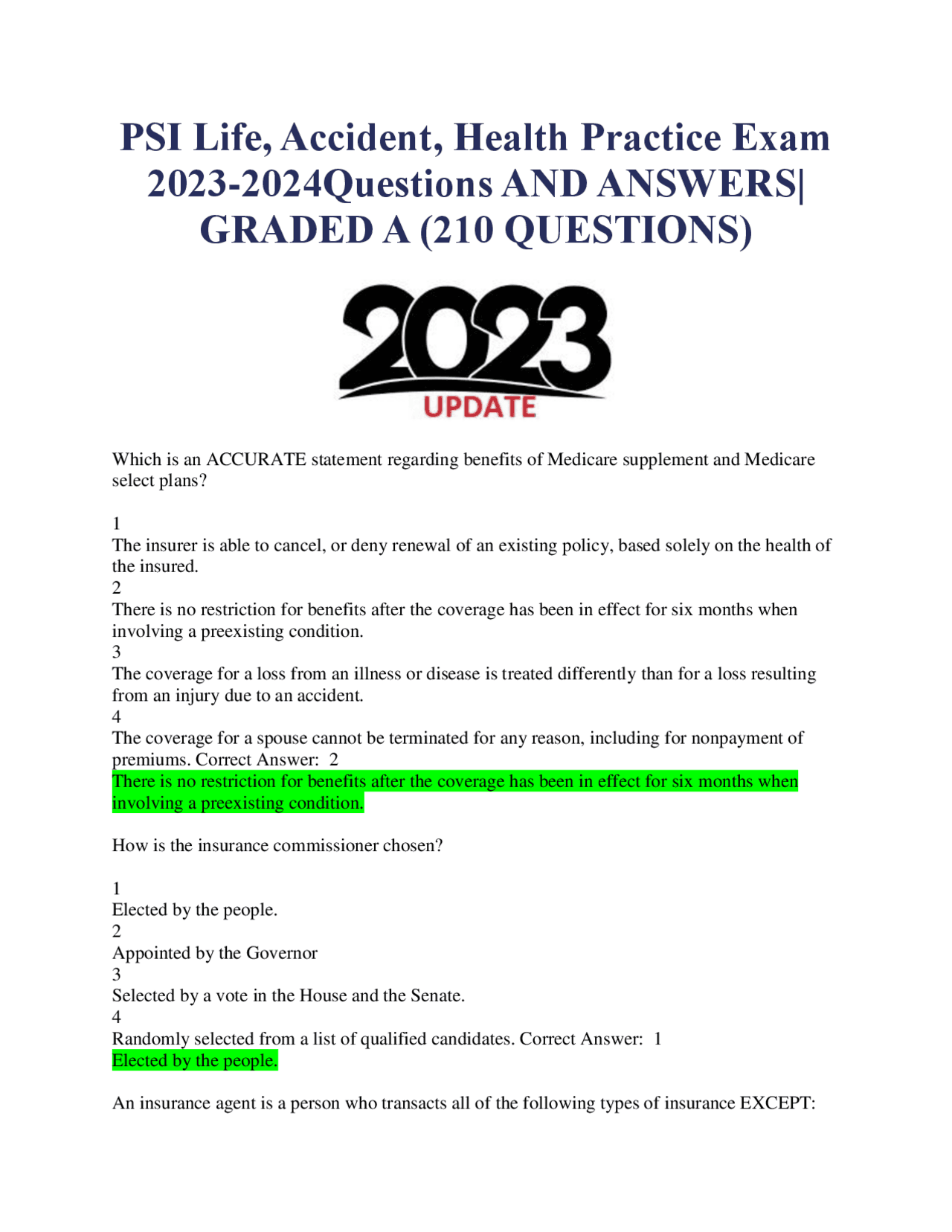 PSI Life, Accident, Health Practice Exam 2023-2024Questions AND ANSWERS ...