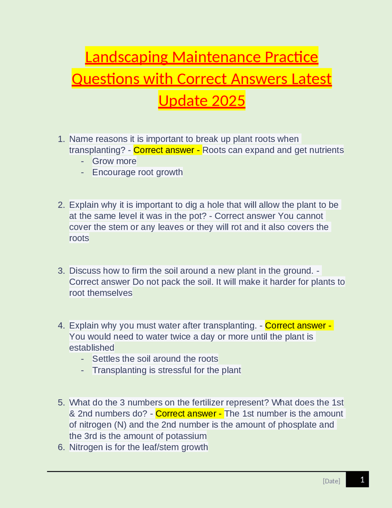 Landscaping Maintenance Practice Questions with Correct Answers Latest ...