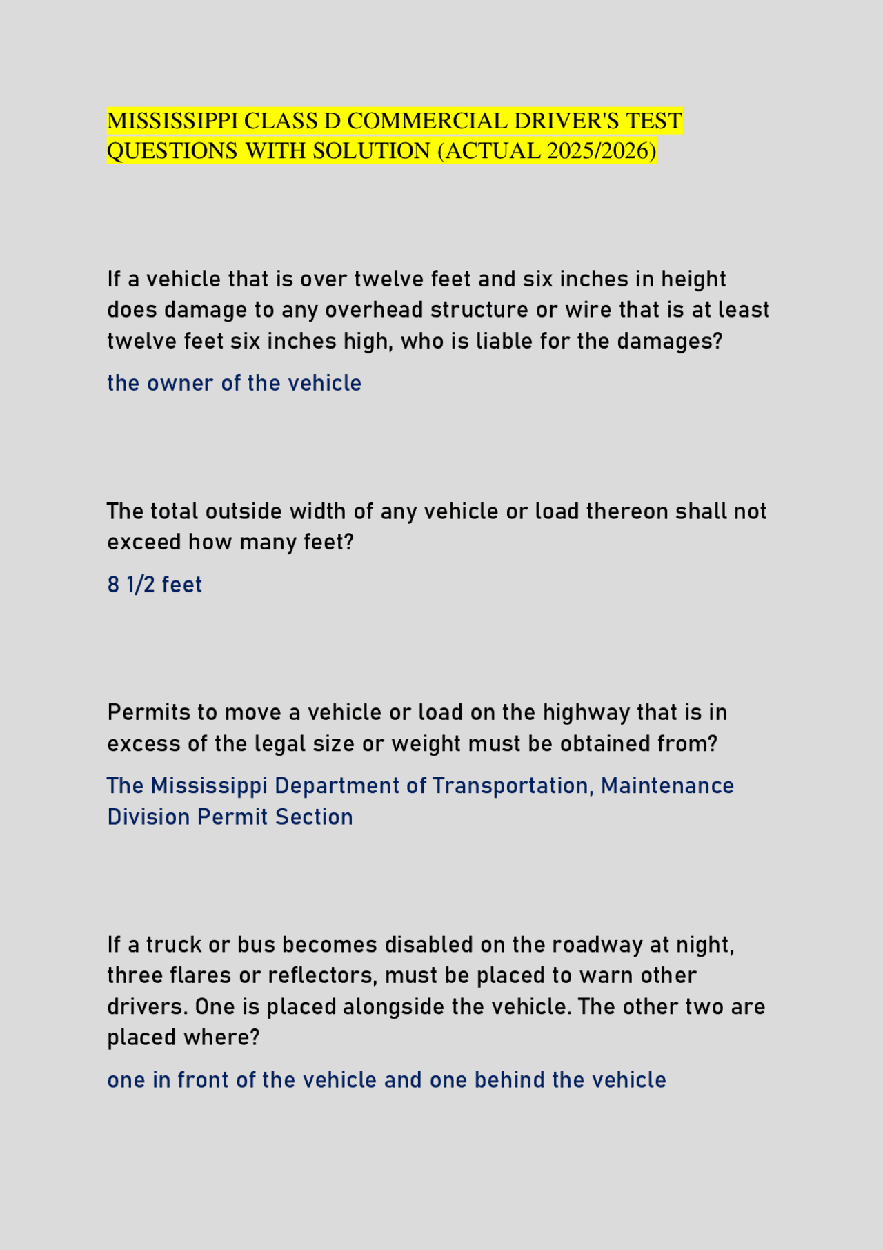 MISSISSIPPI CLASS D COMMERCIAL DRIVER'S TEST QUESTIONS WITH SOLUTION ...
