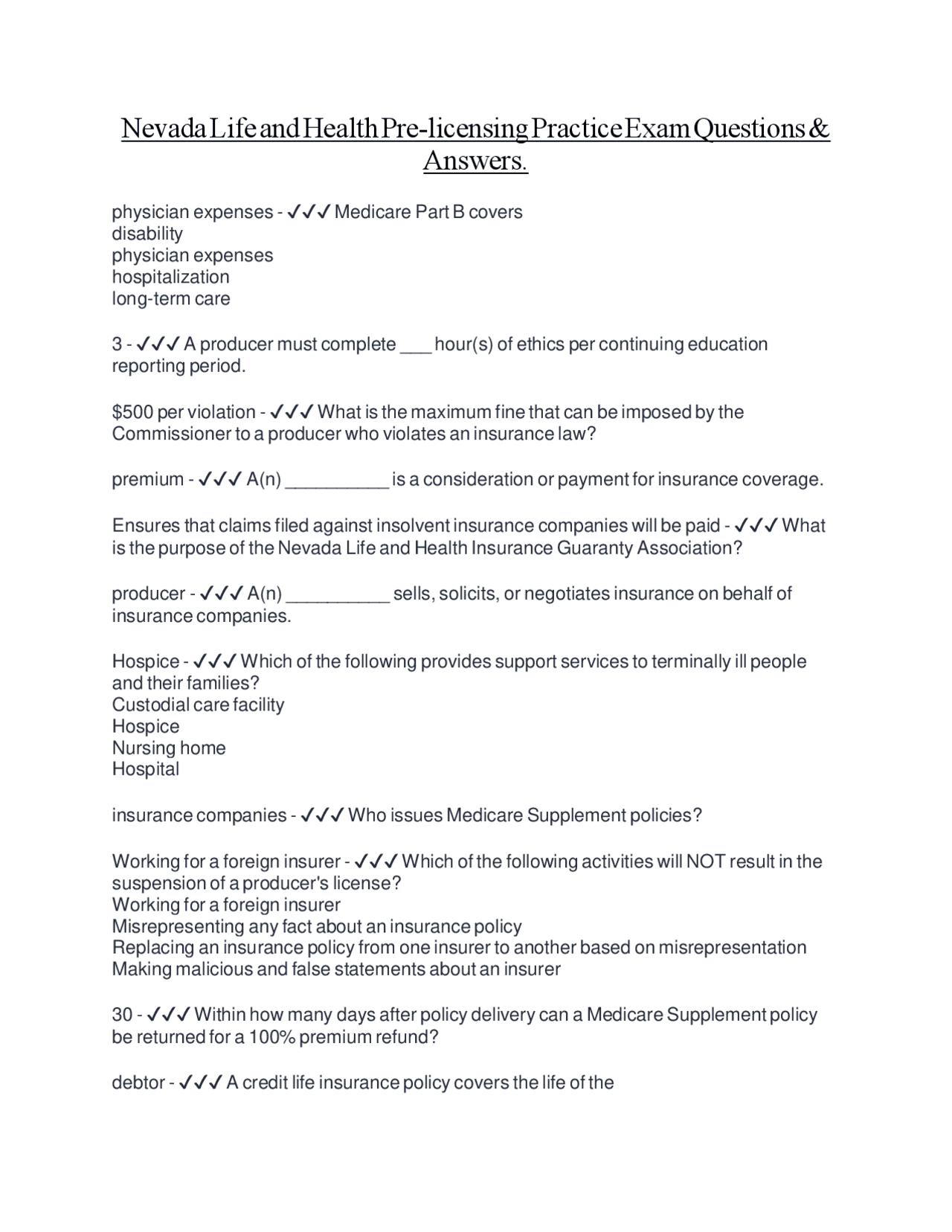 Nevada Life and Health Pre-licensing Practice Exam Questions & Answers ...
