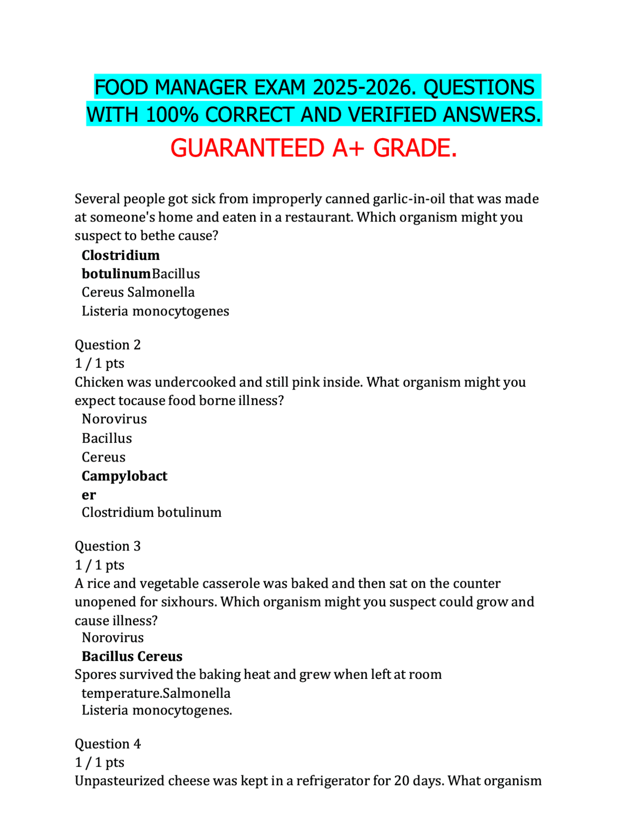 FOOD MANAGER EXAM 2025-2026. QUESTIONS WITH 100% CORRECT AND VERIFIED ...