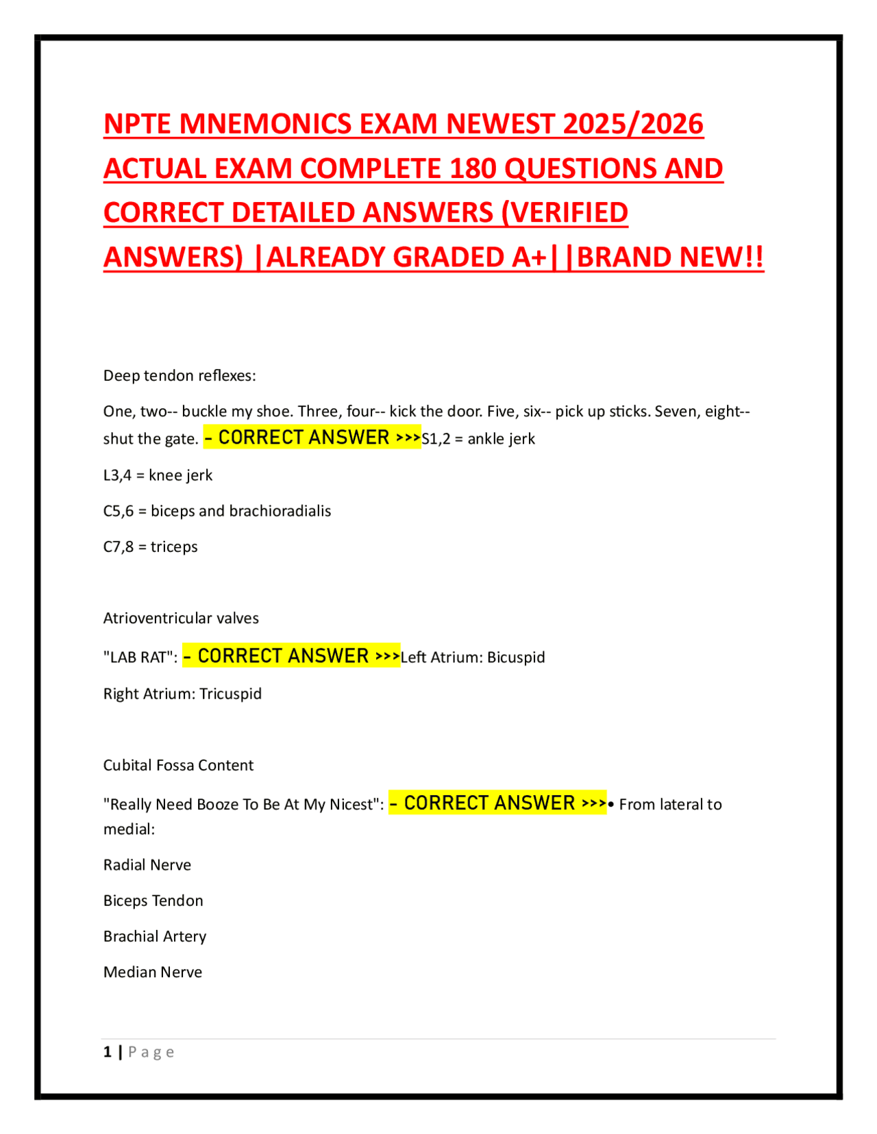 NPTE MNEMONICS EXAM NEWEST 2025/2026 ACTUAL EXAM COMPLETE 180 QUESTIONS ...