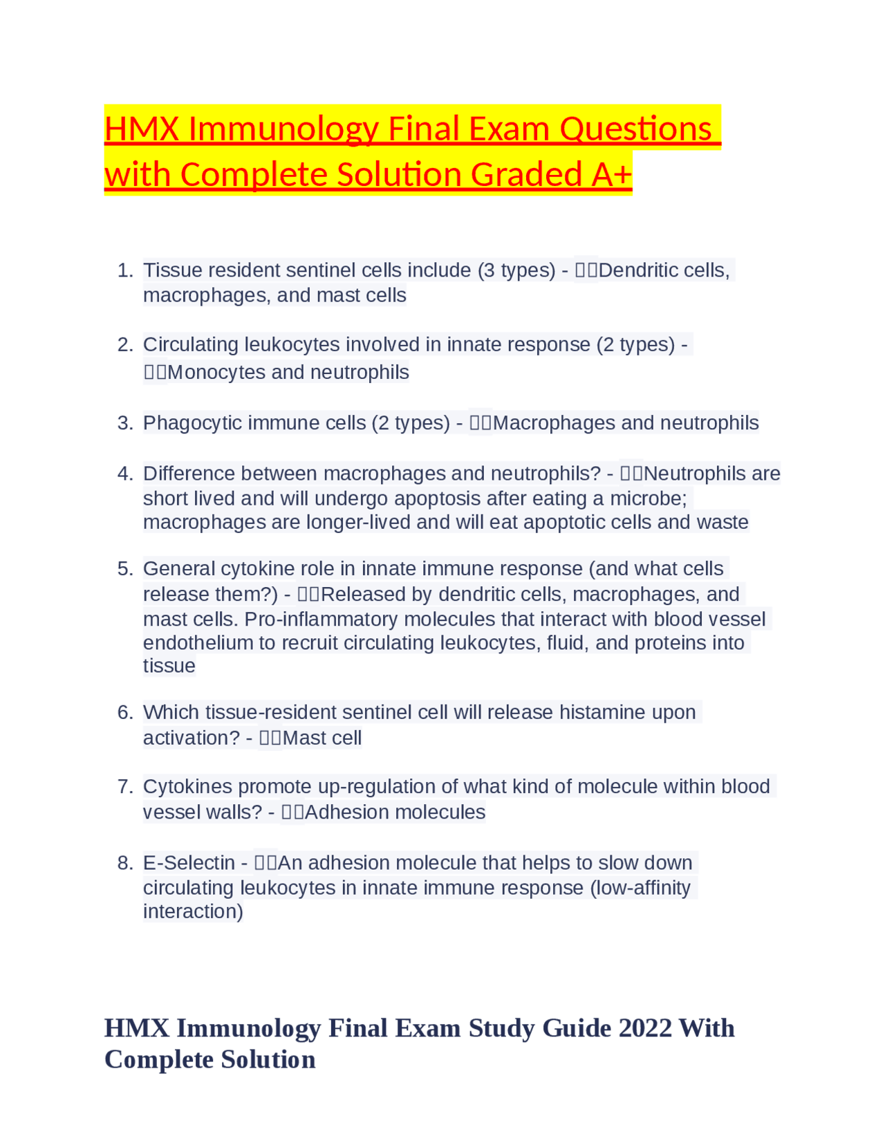 HMX Immunology Final Exam Questions with Complete Solution Graded A+ | Exams Nursing | Docsity