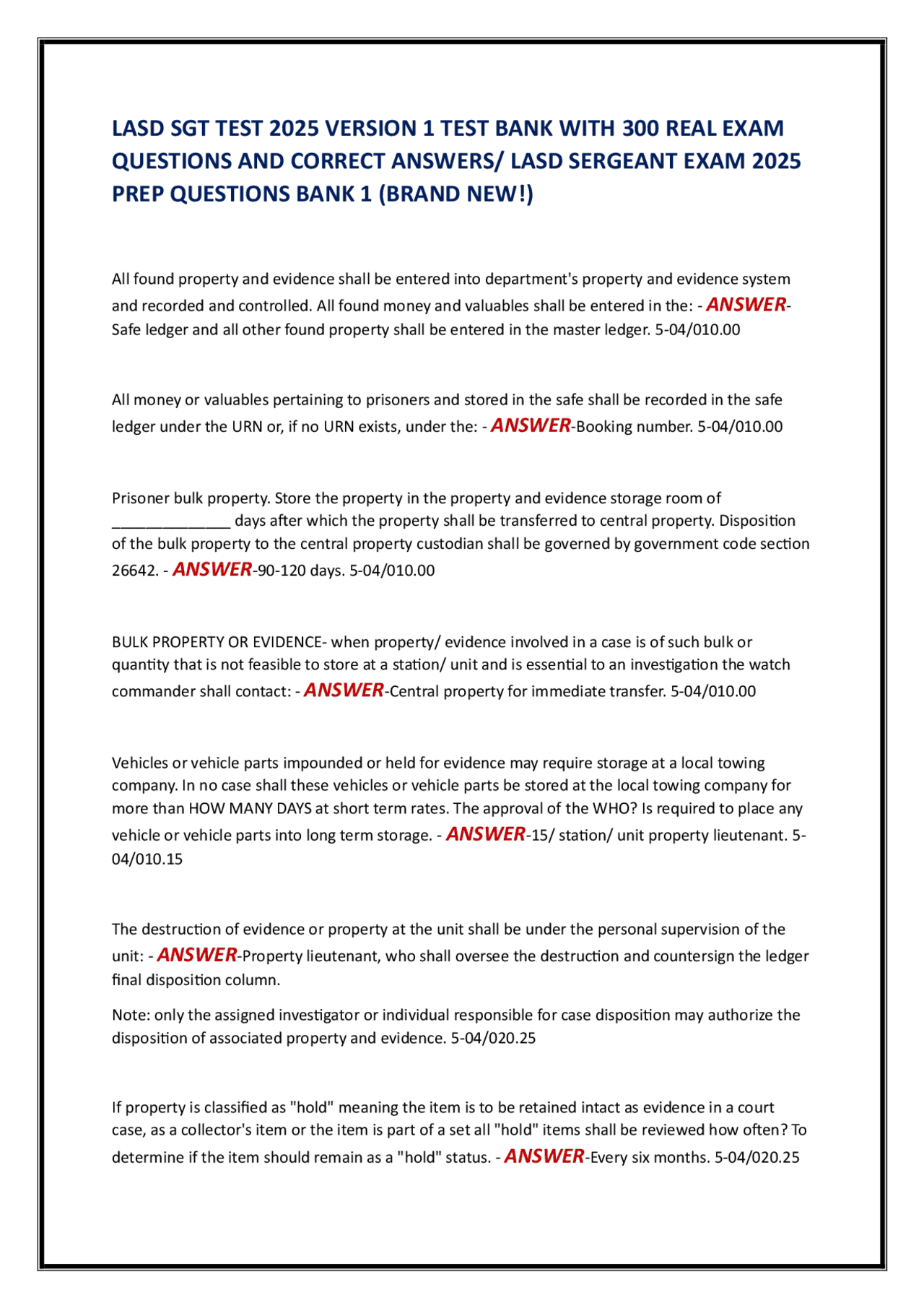 LASD SGT TEST 2025 VERSION 1 TEST BANK WITH 300 REAL EXAM QUESTIONS AND ...