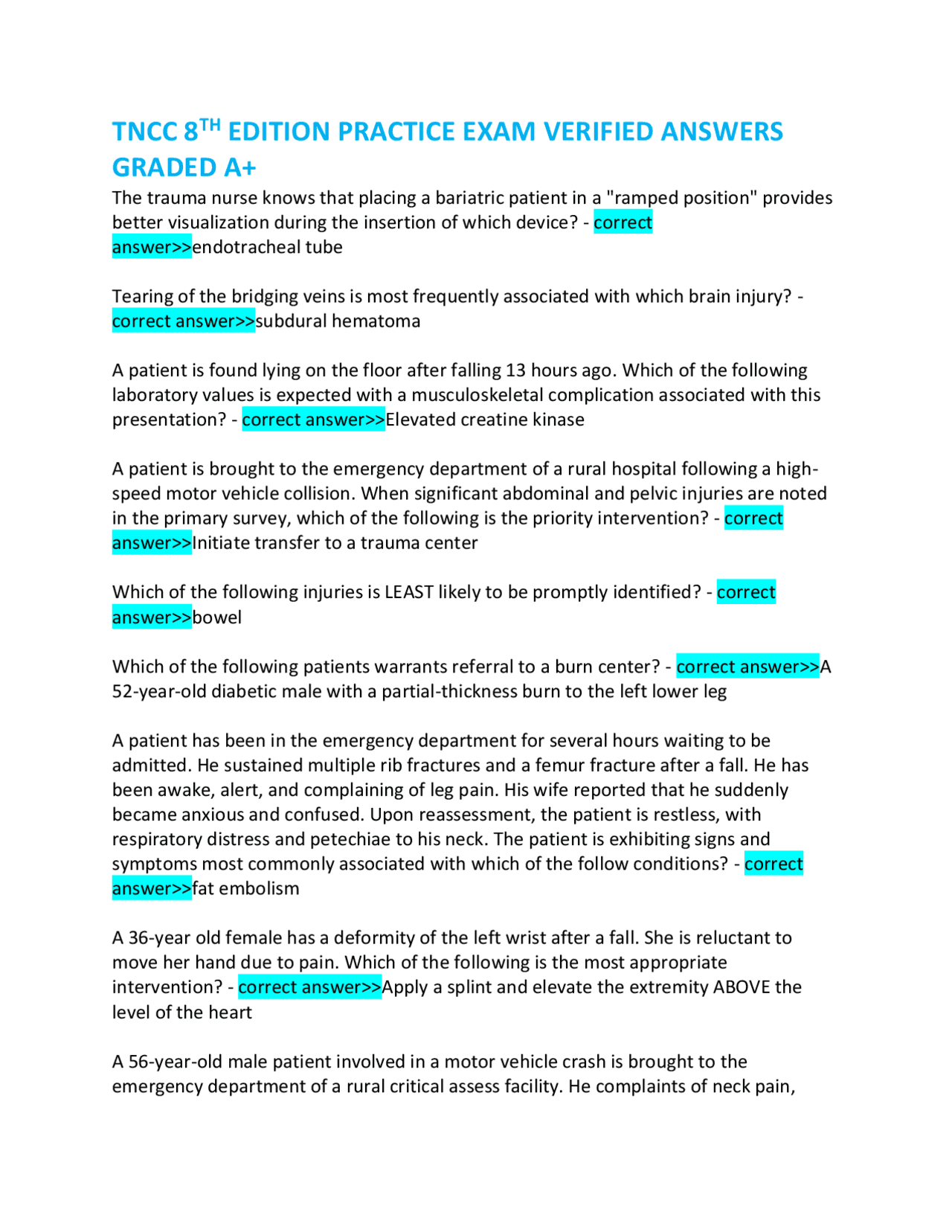 TNCC 8TH EDITION PRACTICE EXAM VERIFIED ANSWERS GRADED A+ LATEST ...