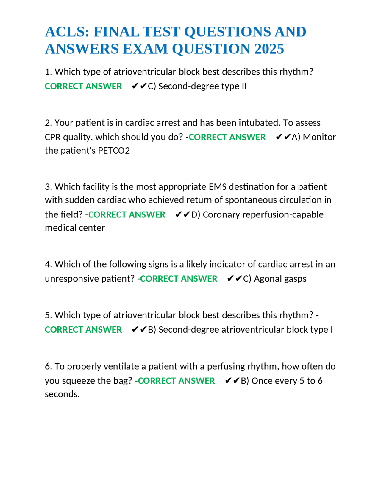 ACLS: FINAL TEST QUESTIONS AND ANSWERS EXAM QUESTION 2025 | Exams ...