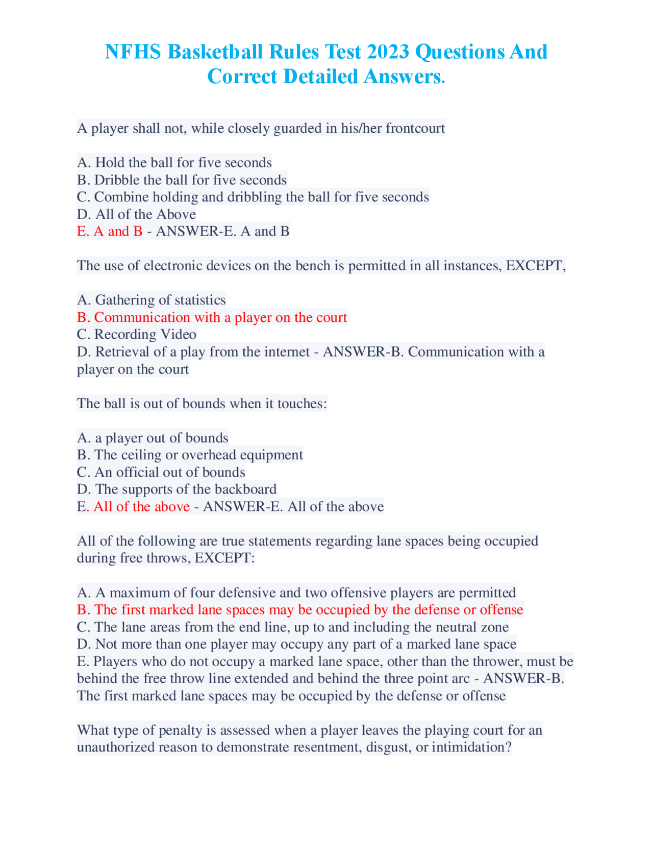 NFHS Basketball Rules Test 2023 Questions And Correct Detailed Answers ...