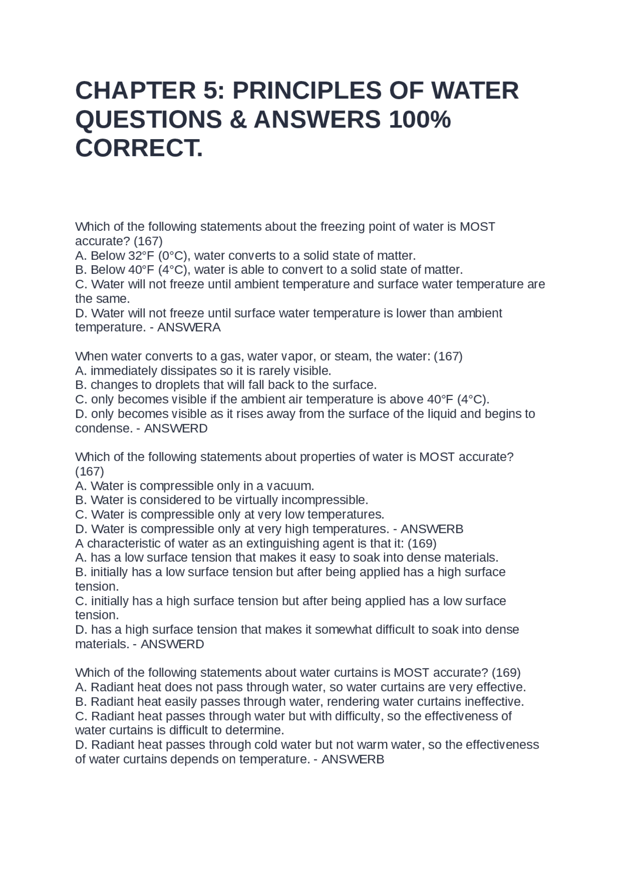 CHAPTER 5: PRINCIPLES OF WATER QUESTIONS & ANSWERS 100% CORRECT ...