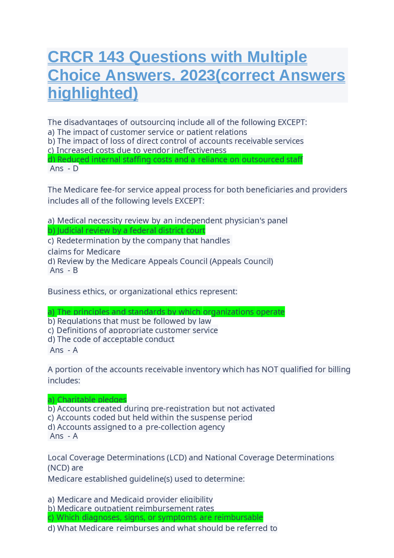 CRCR 143 Questions with Multiple Choice Answers. 2023(correct Answers highlighted).docx | Exams ...