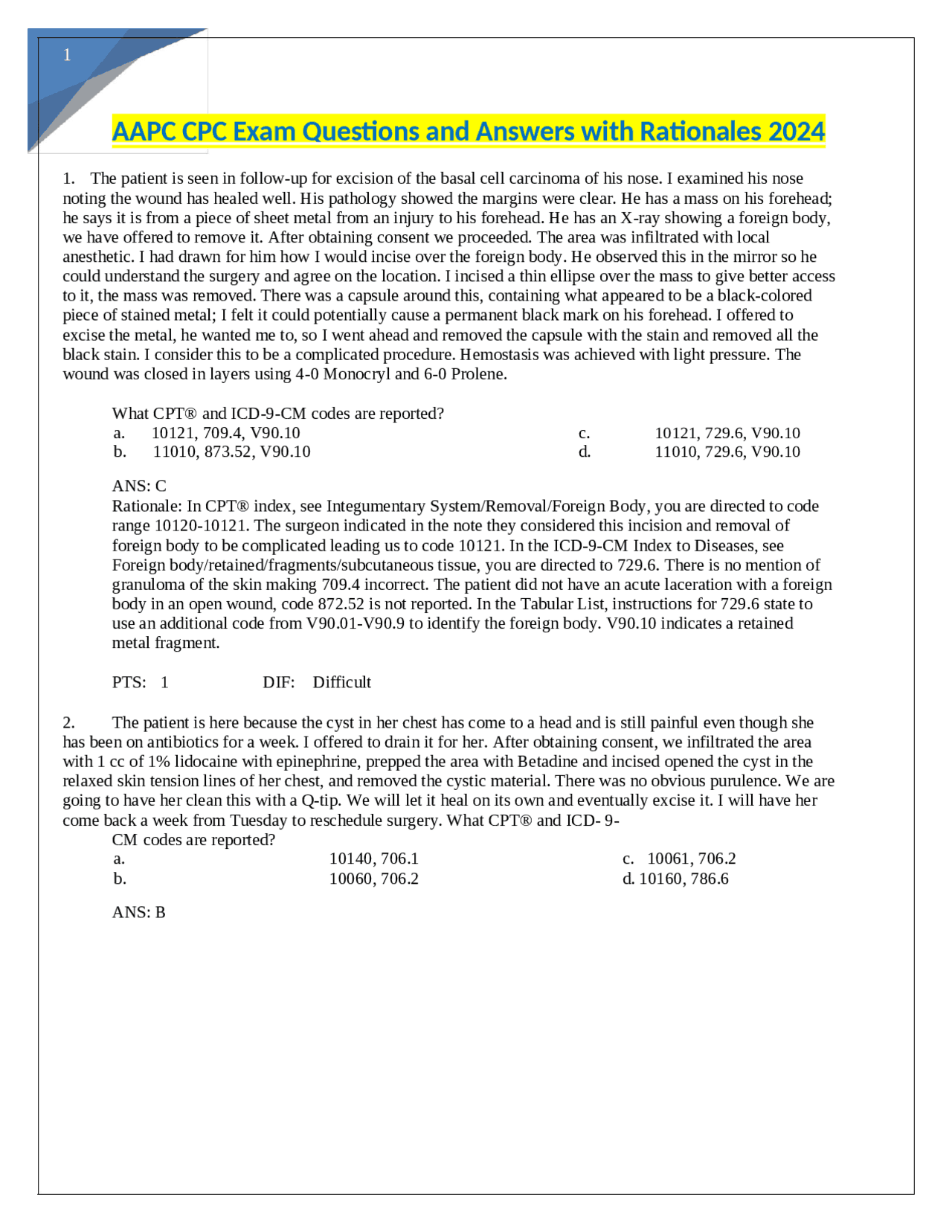 AAPC CPC Exam Questions and Answers with Rationales 2024 | Exams ...