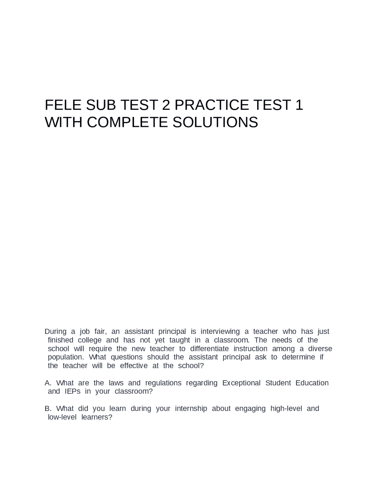 FELE SUB TEST 2 PRACTICE TEST 1 WITH COMPLETE SOLUTIONS | Exams ...