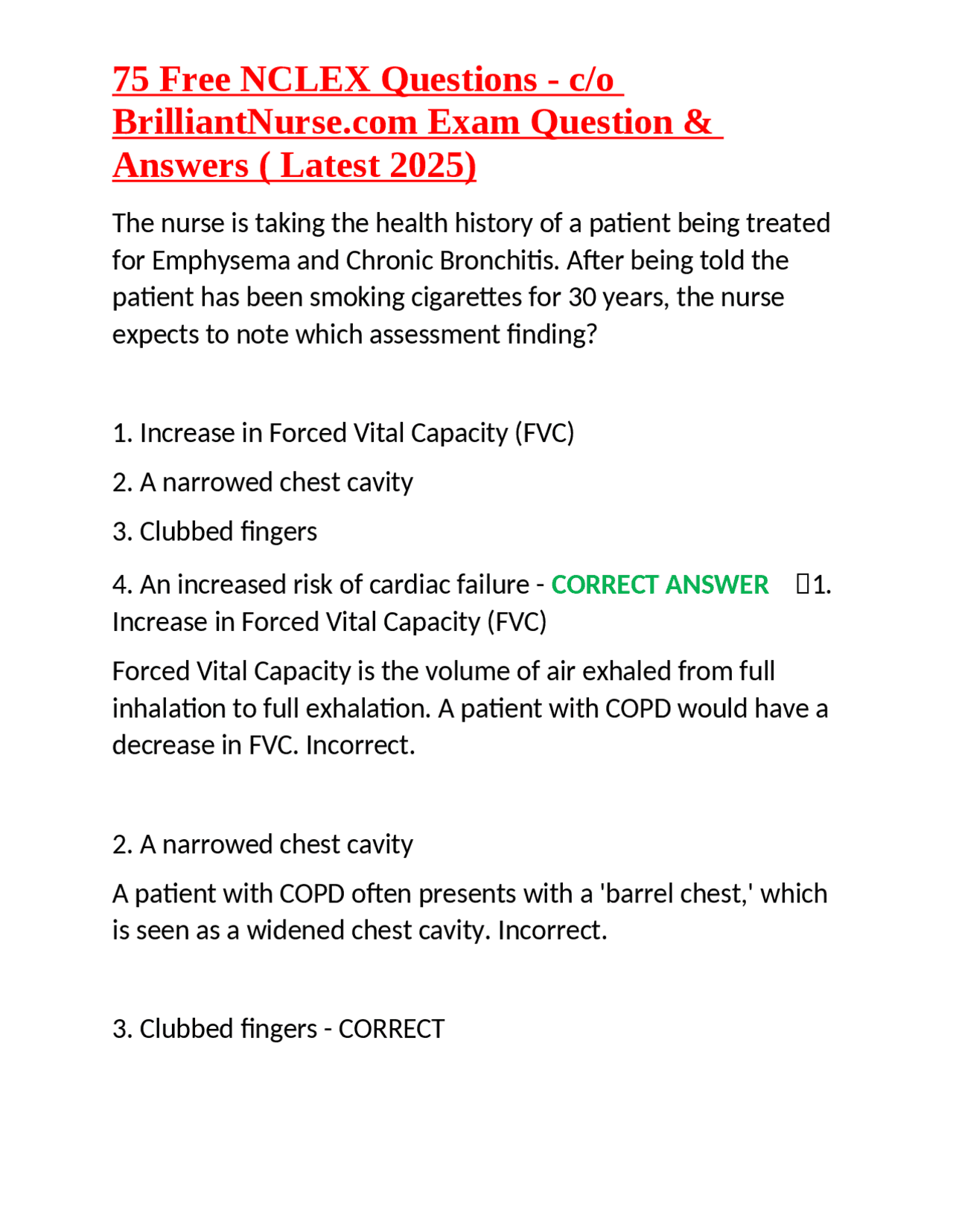75 Free NCLEX Questions - c/o BrilliantNurse.com Exam Question ...
