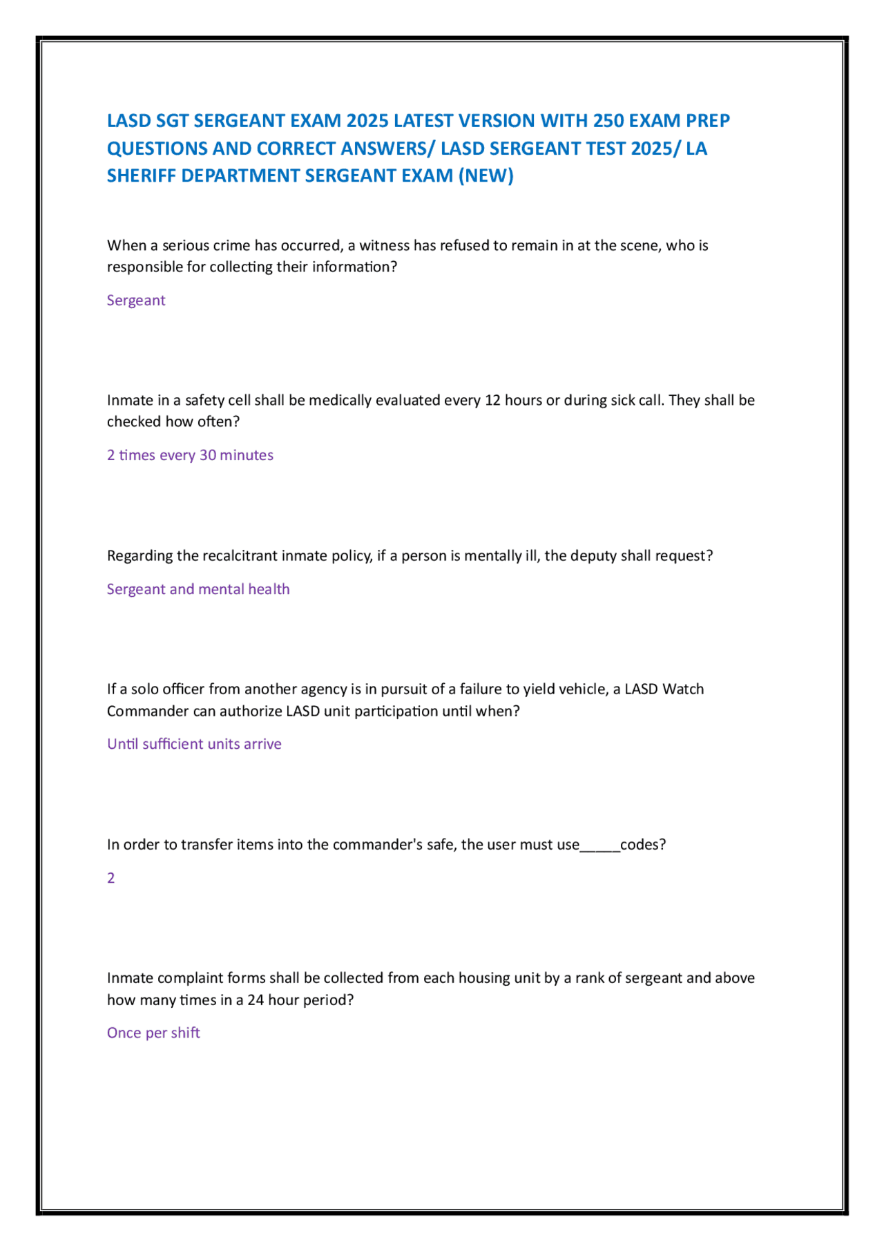 LASD SGT SERGEANT EXAM 2025 LATEST VERSION WITH 250 EXAM PREP QUESTIONS ...