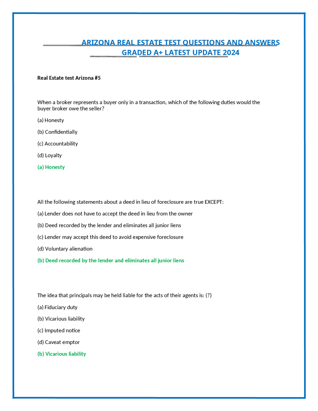 Arizona Real Estate Test Questions and Answers | Exams Nursing | Docsity
