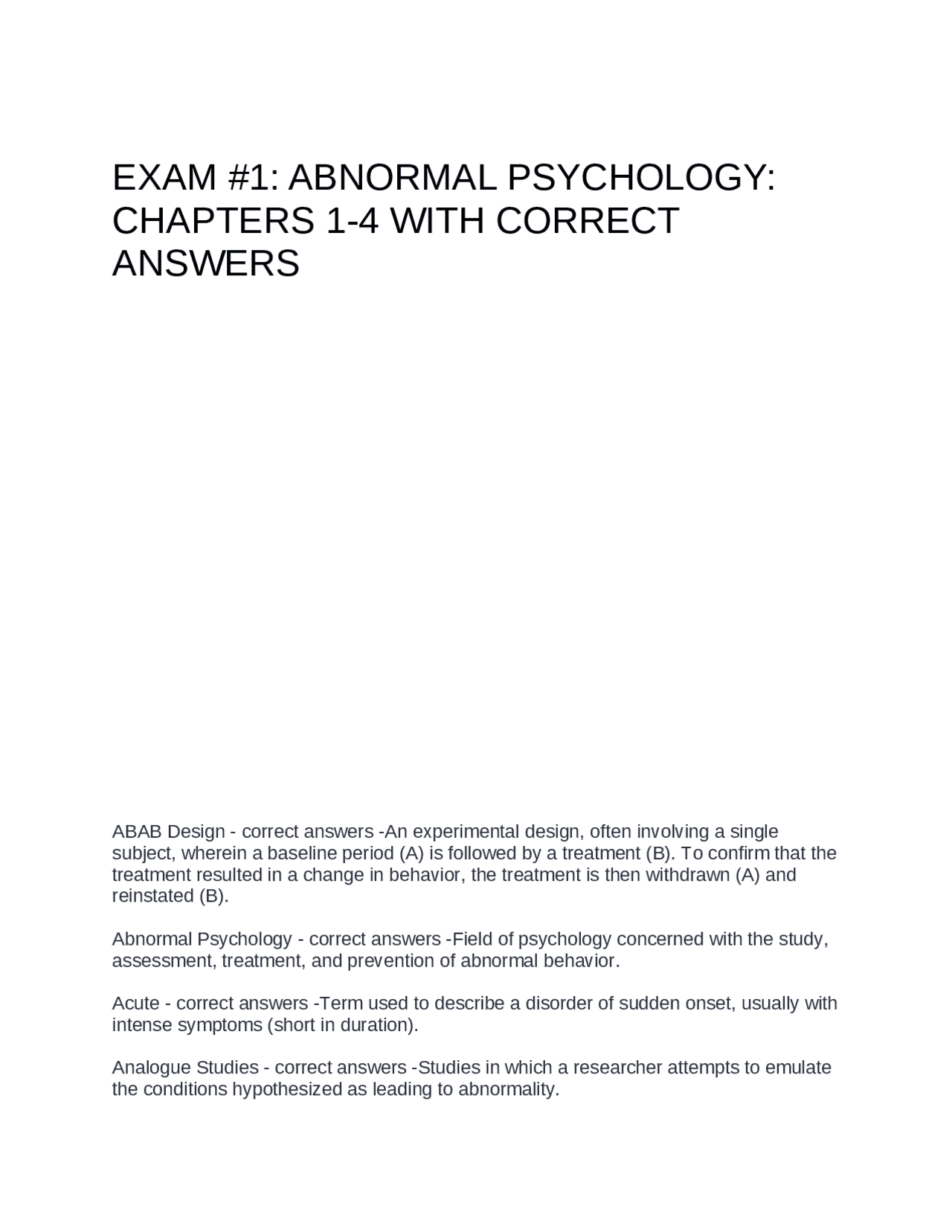 EXAM #1 ABNORMAL PSYCHOLOGY CHAPTERS 1-4 WITH CORRECT ANSWERS | Exams ...