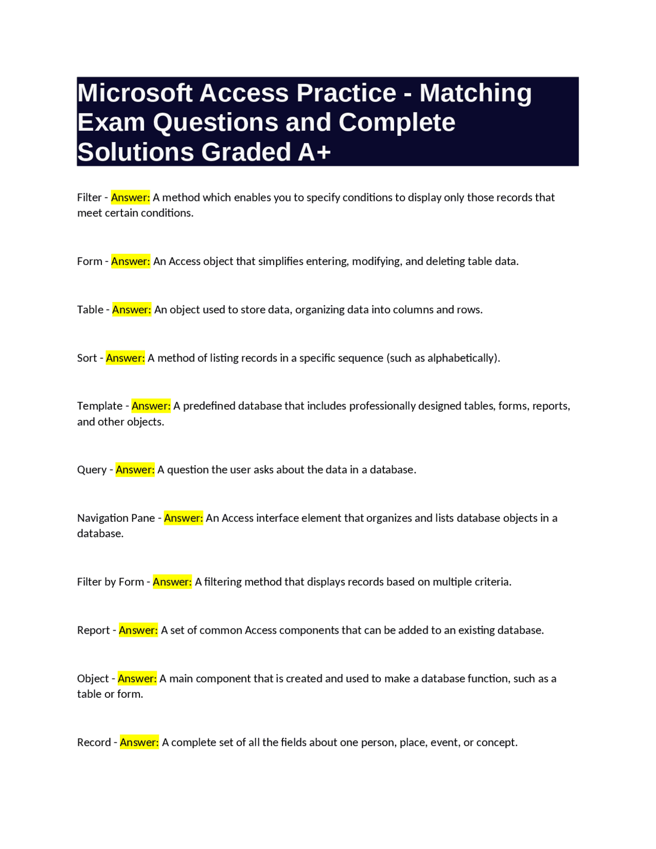 Microsoft Access Practice - Matching Exam Questions and Complete ...