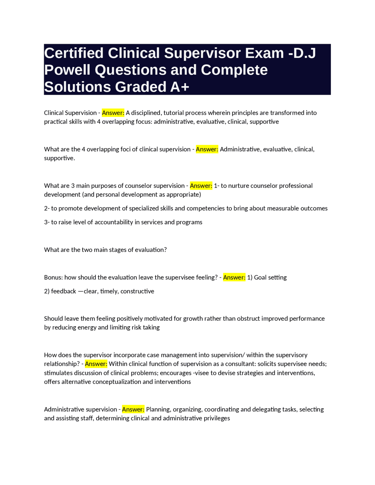 Certified Clinical Supervisor Exam -D.J Powell Questions and Complete Solutions Graded A+ ...